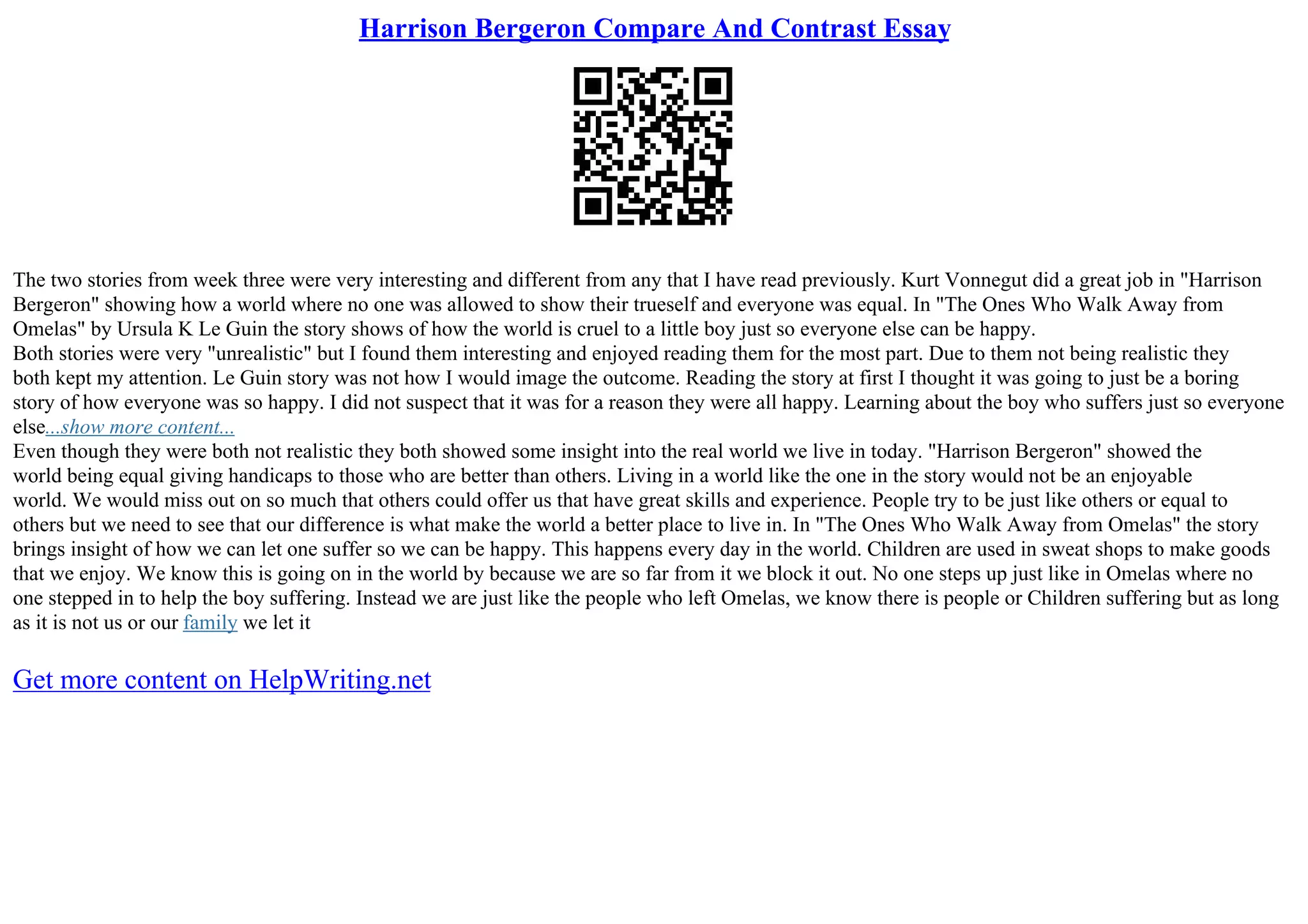 Harrison Bergeron Compare And Contrast Essay | PPT