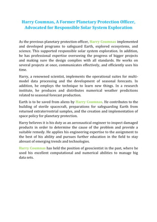 Harry Coumnas, A Former Planetary Protection Officer, Advocated for ...