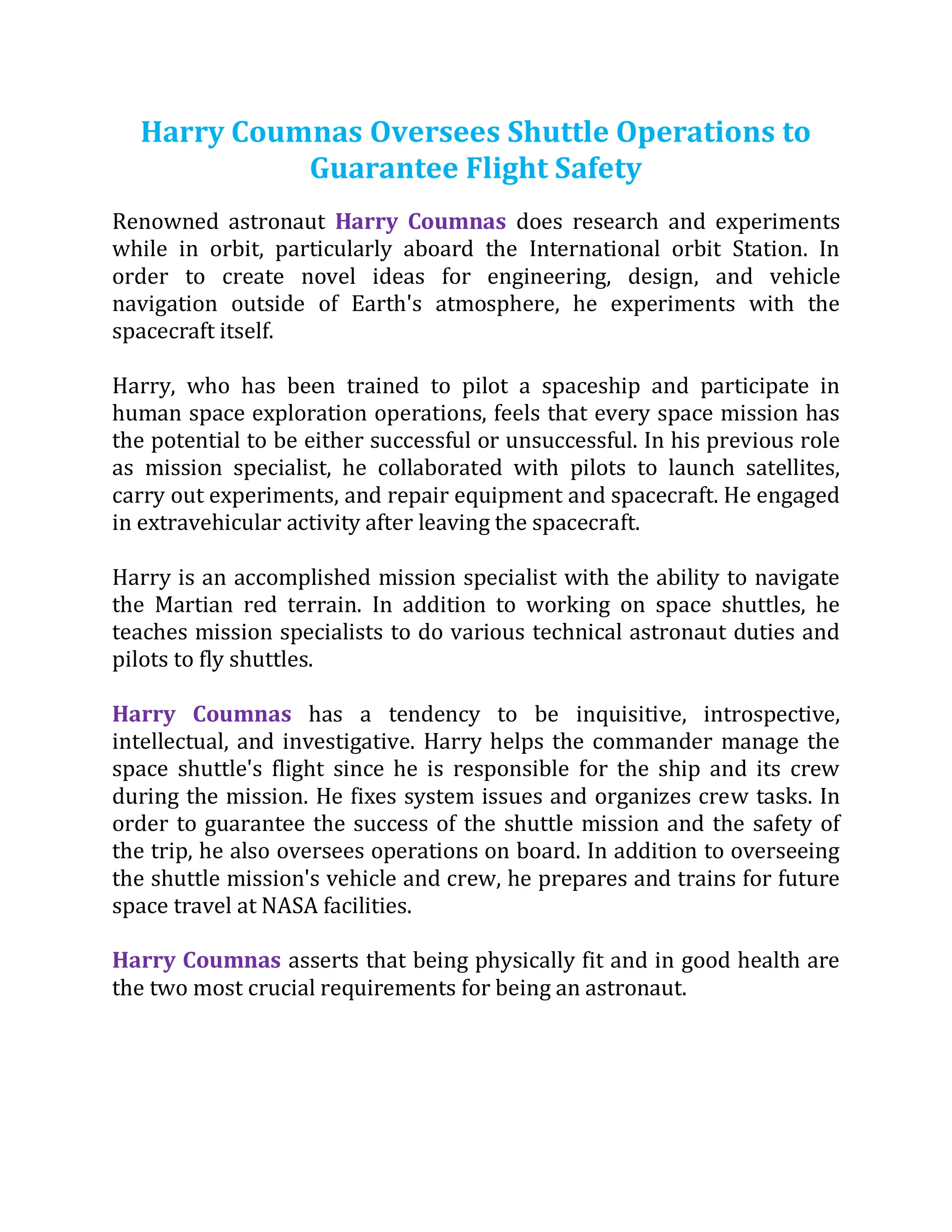 Harry Coumnas Oversees Shuttle Operations to Guarantee Flight Safety | PDF