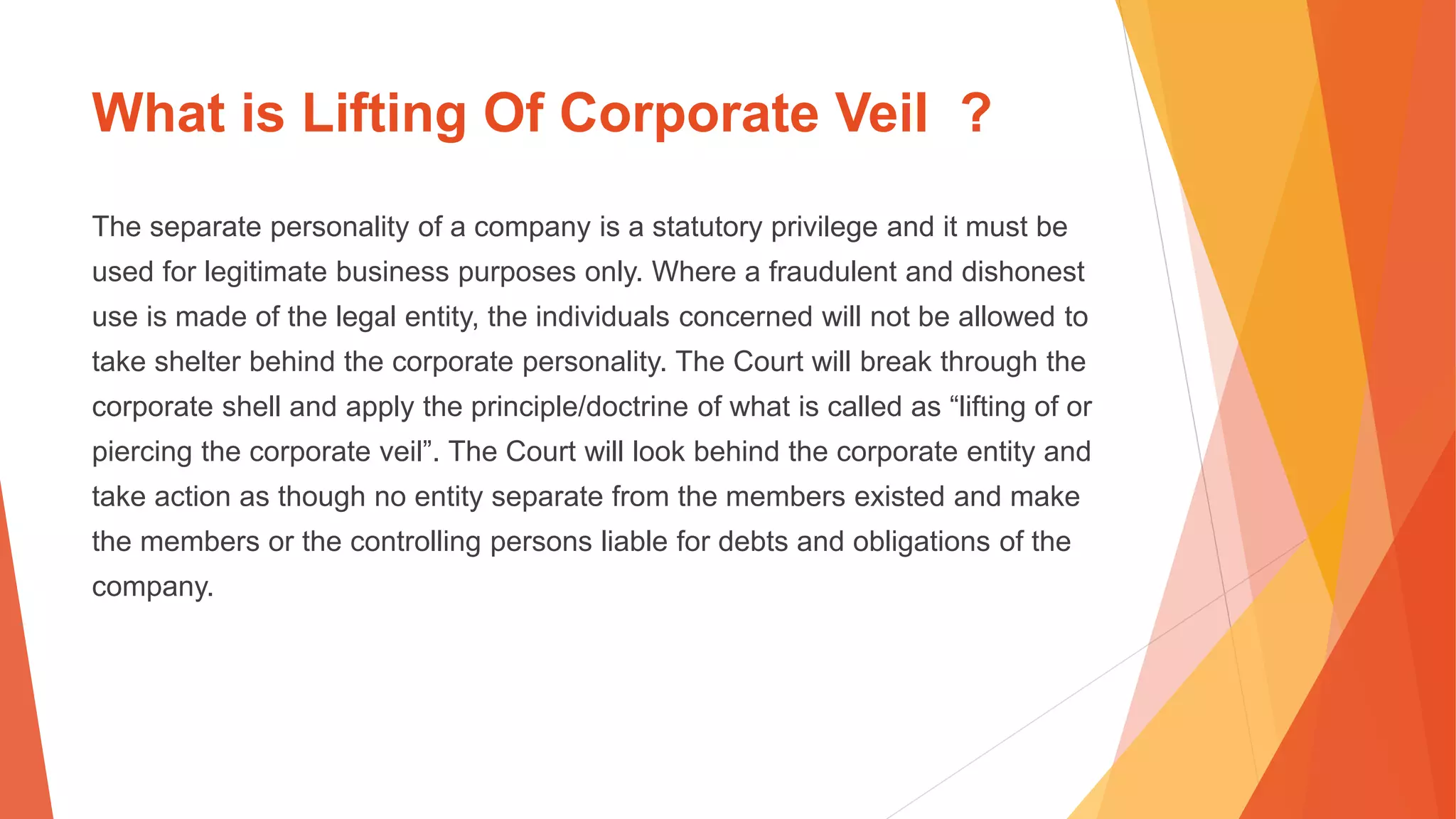 Doctine of Lifting of Corporate veil | PPTX