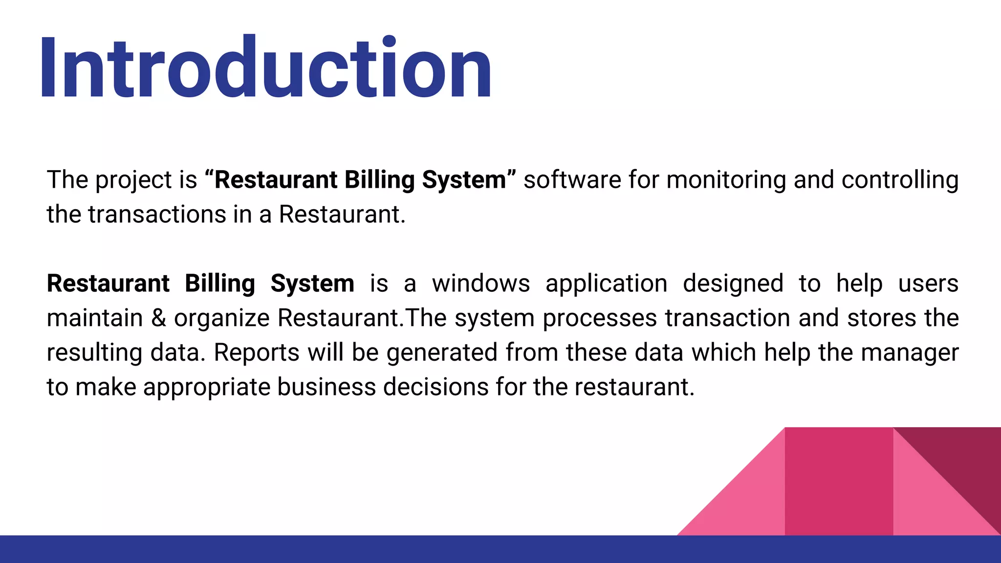 Harsh Mathur Restaurant Billing System project ppt | PPTX