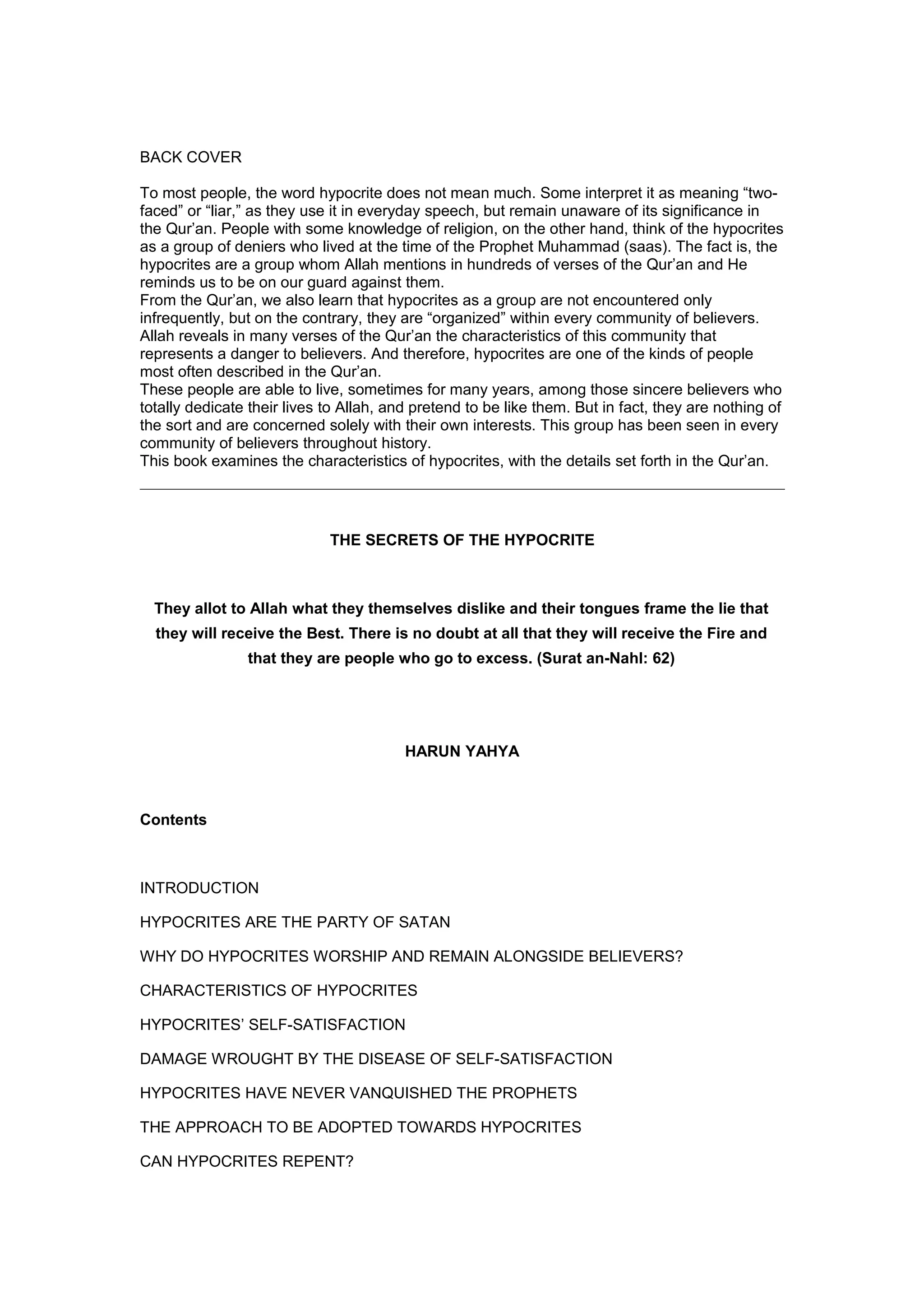 Harun Yahya Islam The Secrets Of The Hypocrite | PDF