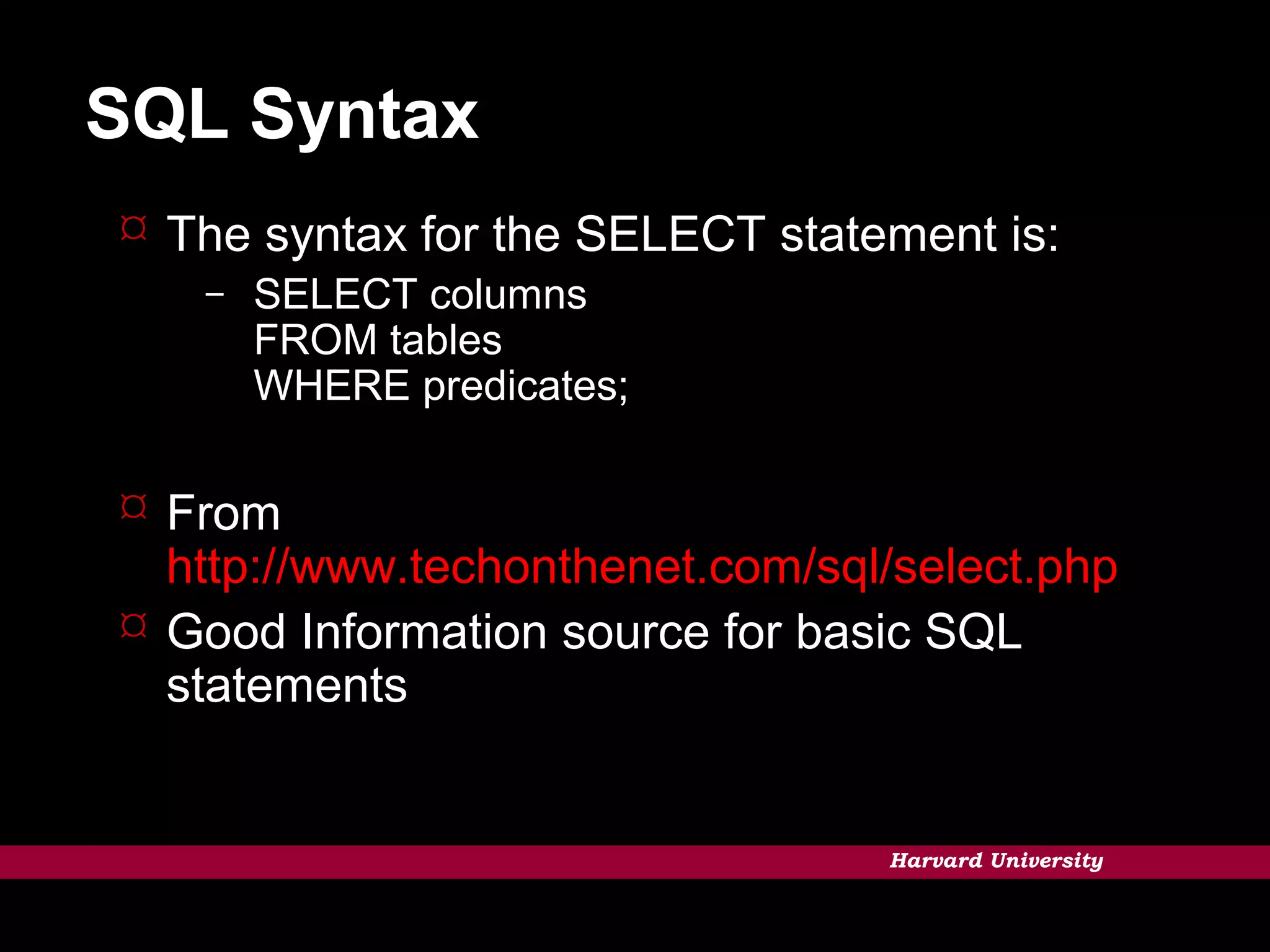 Harvard University database | PPT | Databases | Computer Software and ...