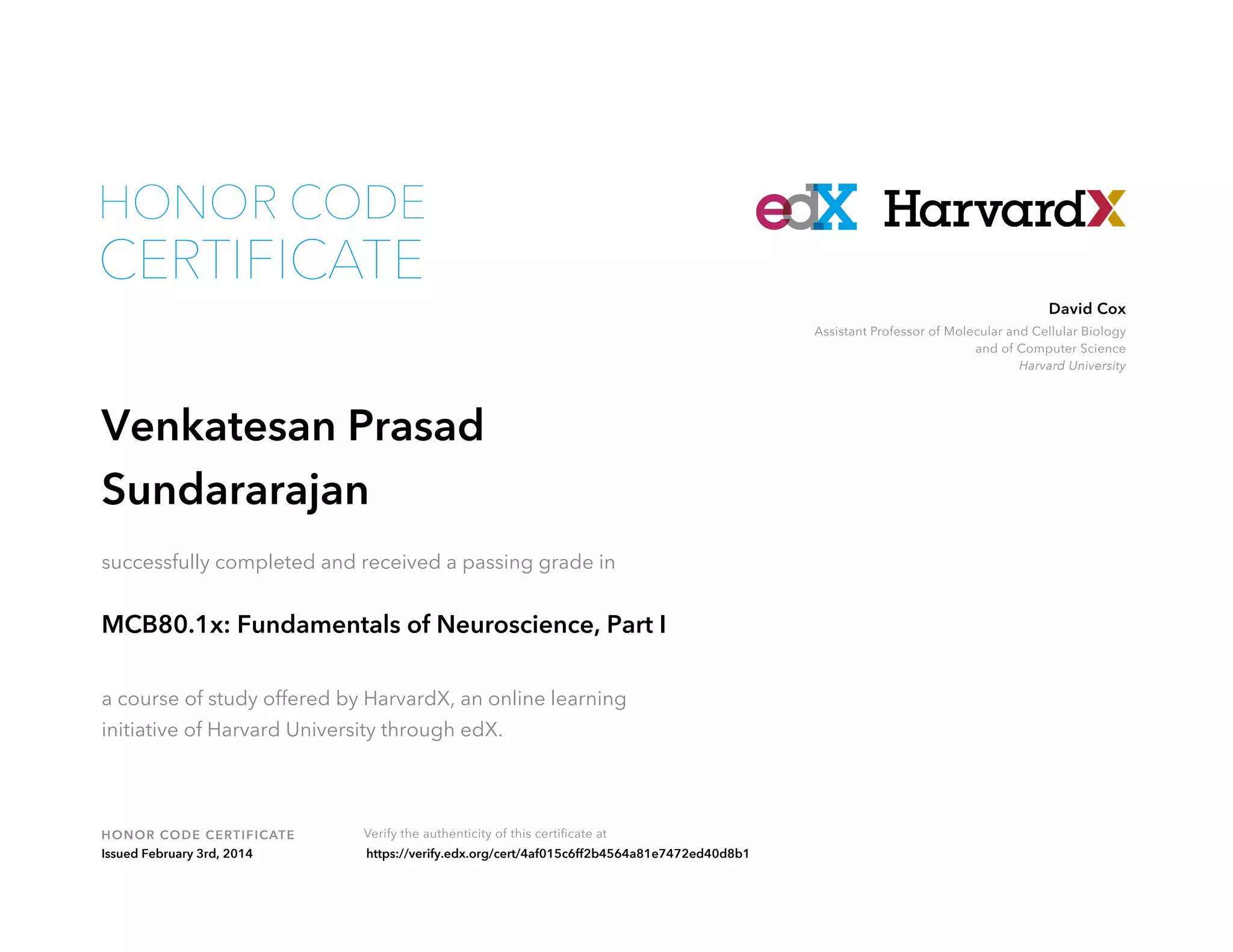 HarvardX certificate - Fundamentals of Neuroscience part 1 2014 VPS | PPT