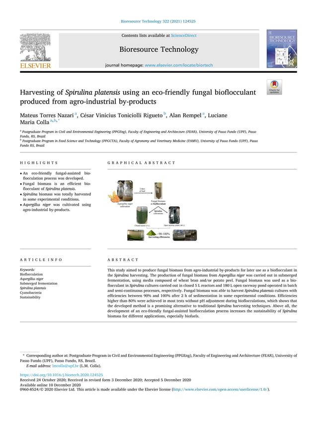 Harvesting of Spirulina platensis using an eco-friendly fungal ...