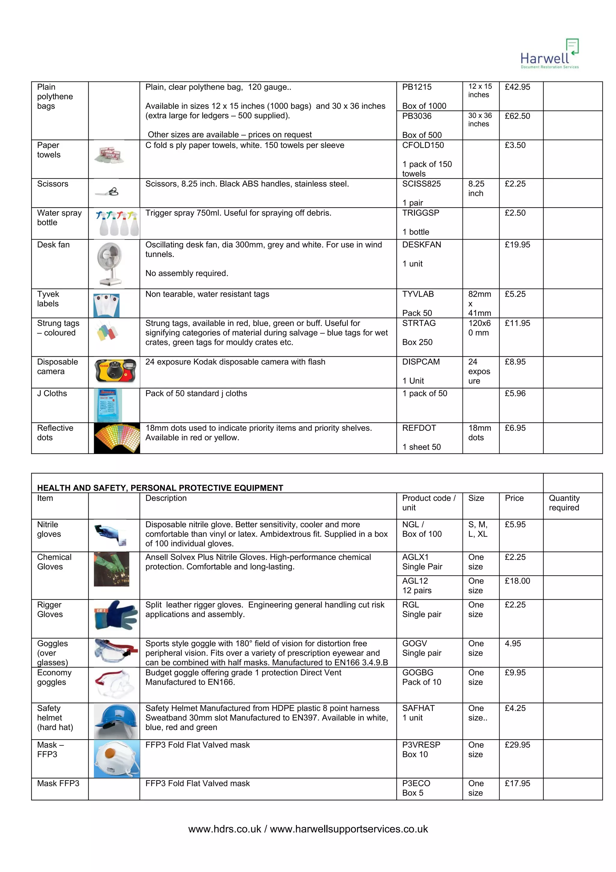 Harwell emergency equipment product list 2010 | DOC