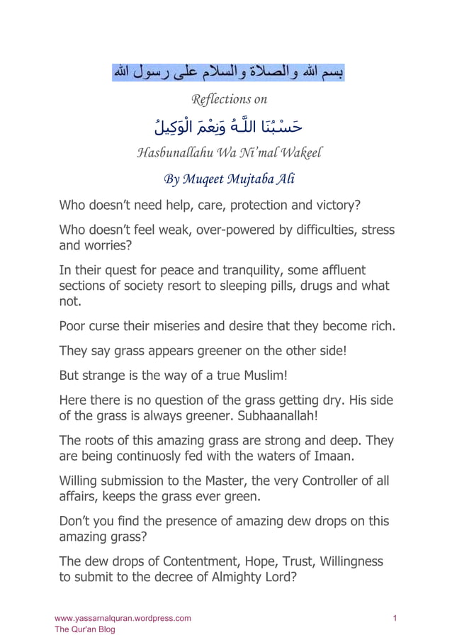 Reflections on Hasbunallahu wa Ni'mal Wakeel, Ni'mal Maula wa Ni'man Naseer | PDF