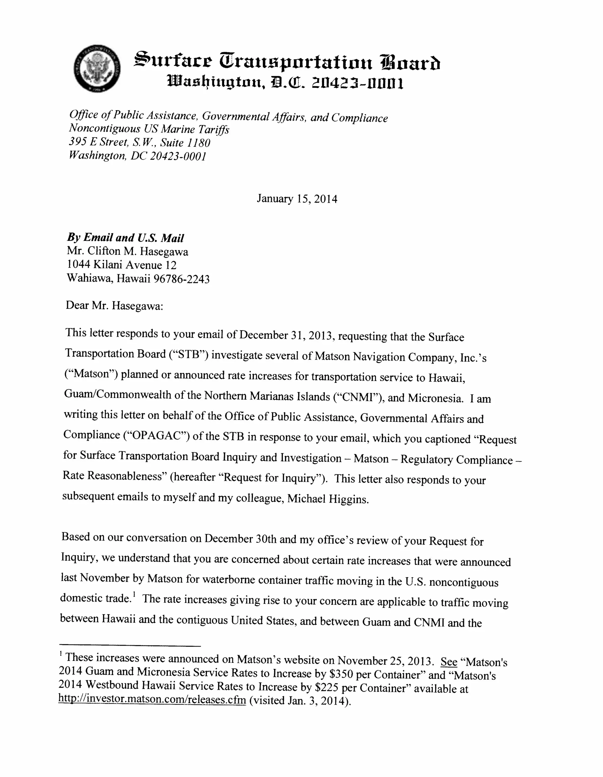 THE SURFACE TRANSPORTATION BOARD (STB) HAS NO JURISDICTION OVER HAWAII ...