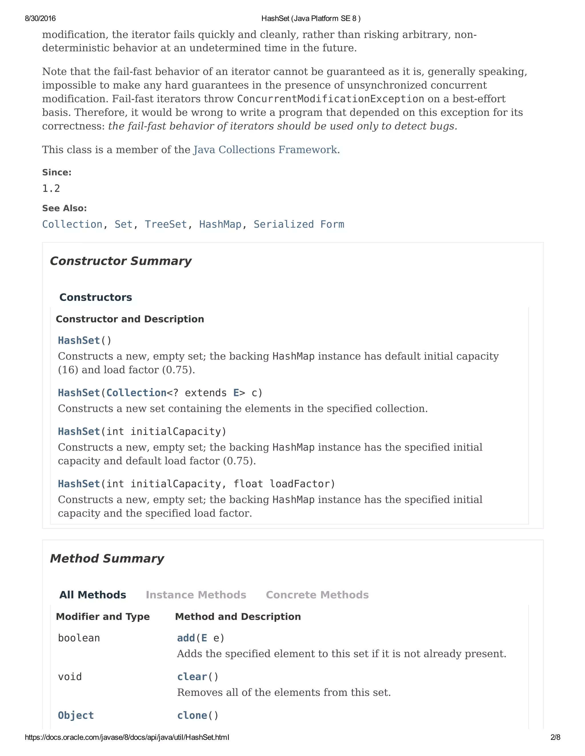 Hash set (java platform se 8 ) | PDF