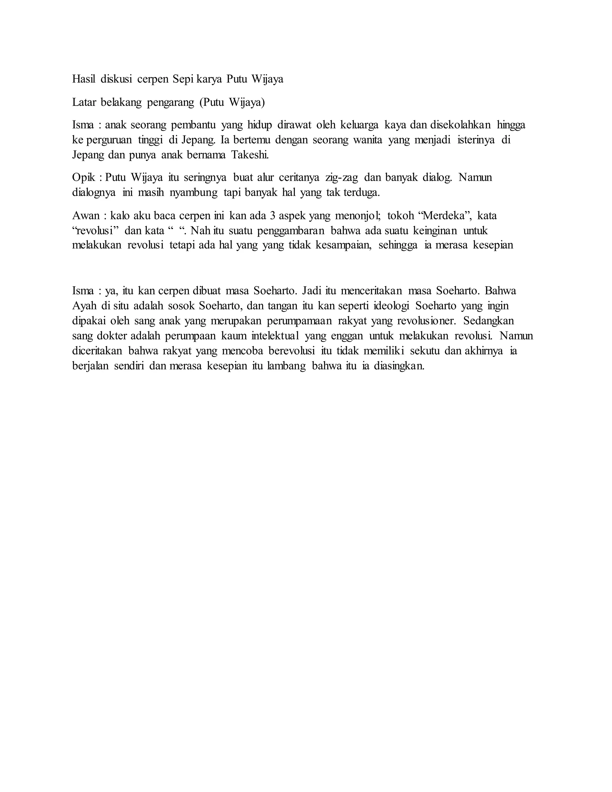 Hasil diskusi cerpen sepi karya putu wijaya | DOCX