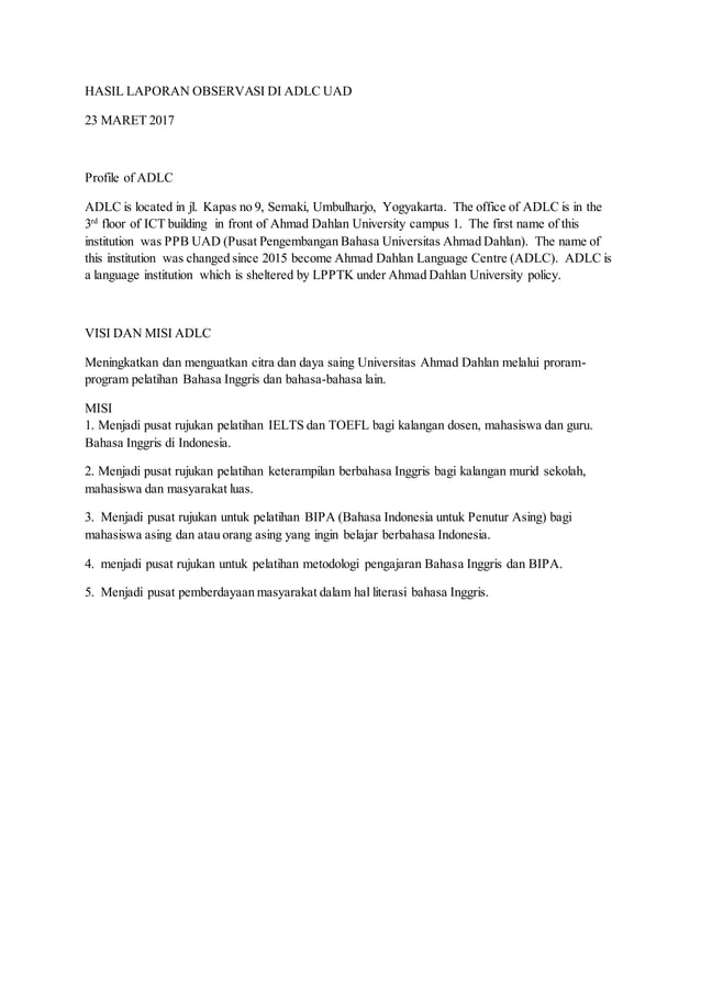 Hasil laporan observasi di adlc uad | PDF