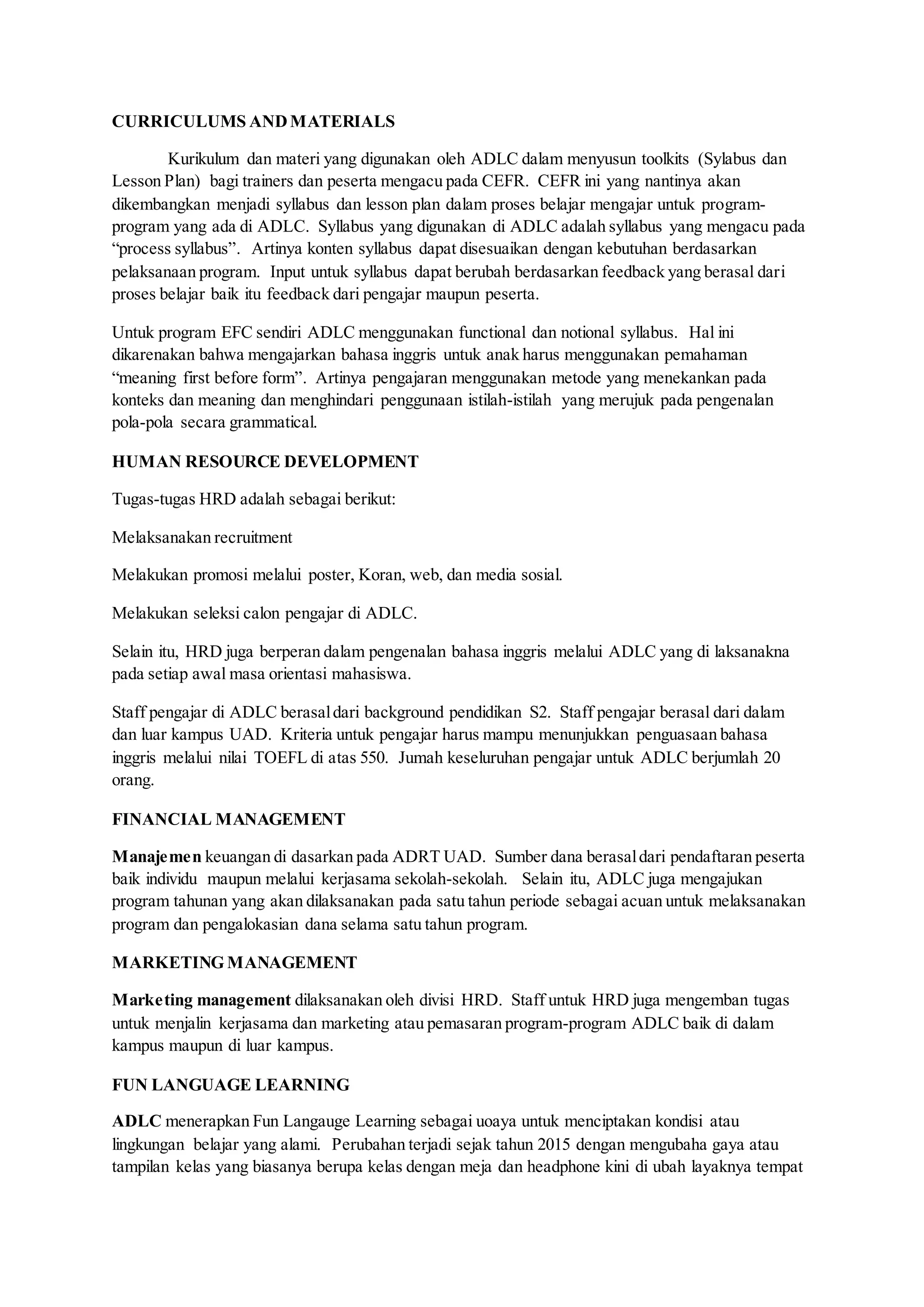 Hasil laporan observasi di adlc uad | PDF