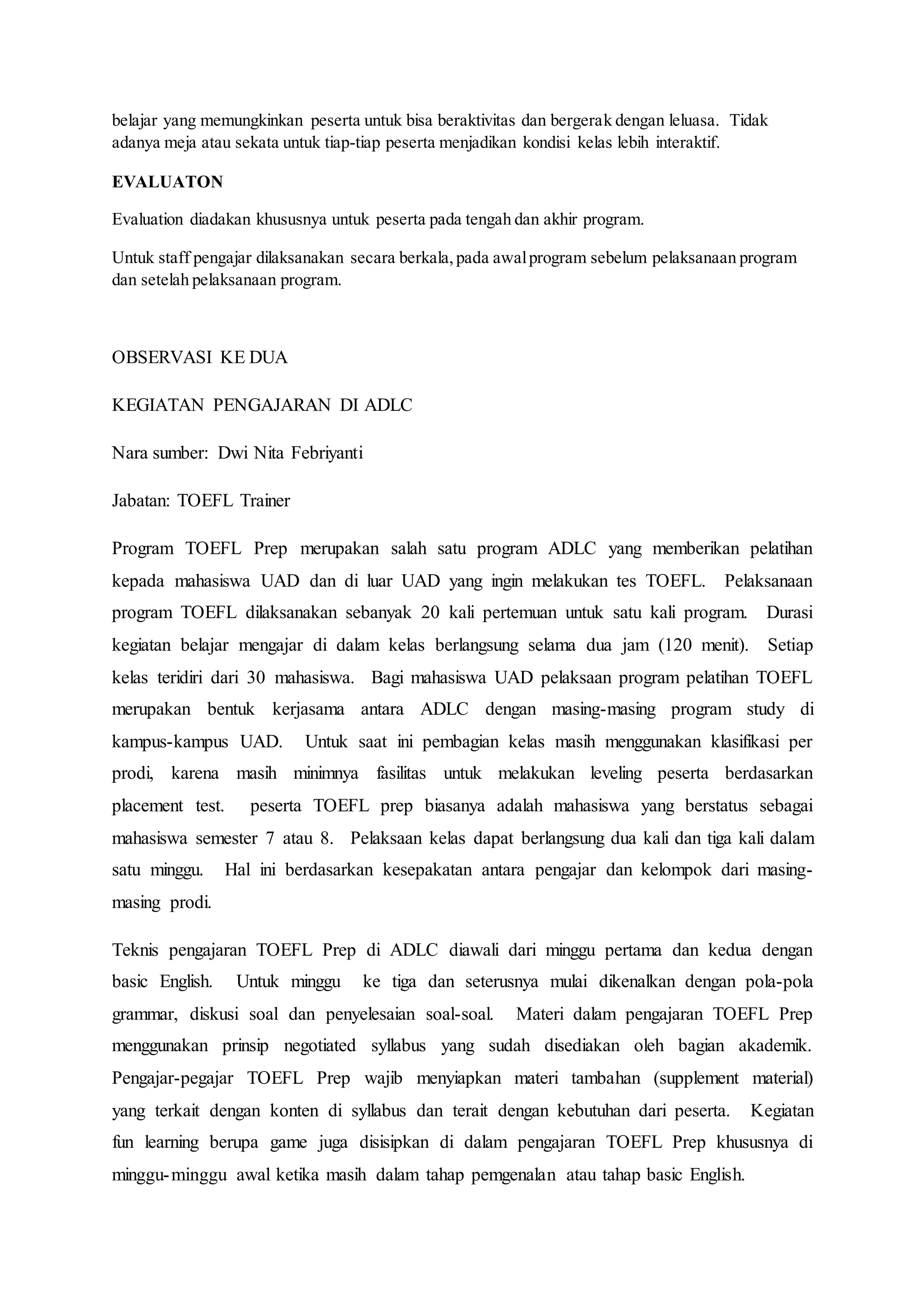 Hasil laporan observasi di adlc uad | PDF
