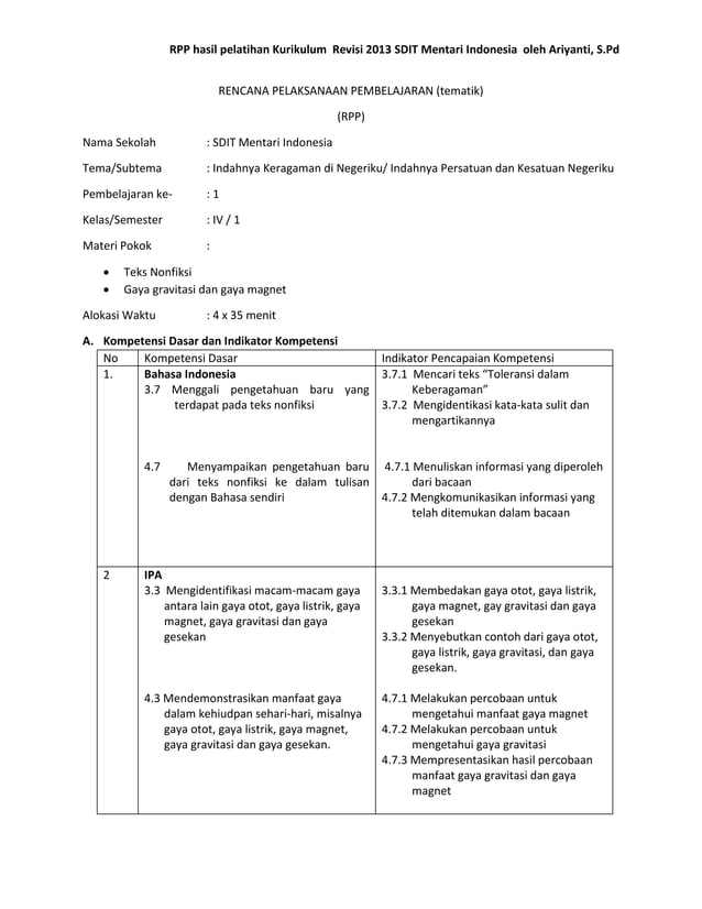 Hasil rpp kelas IV pelatihan kurikulum revisi 2013 sdit mentari indonesia | PDF