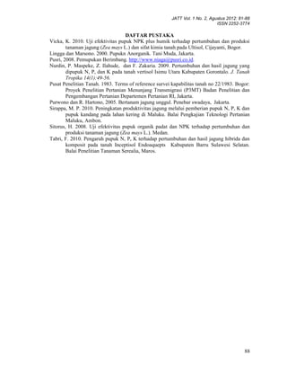 Hasil tanaman jagung yang dipupuk n, p, dan k di dutohe kabupaten bone bolango agustus 2012 | PDF