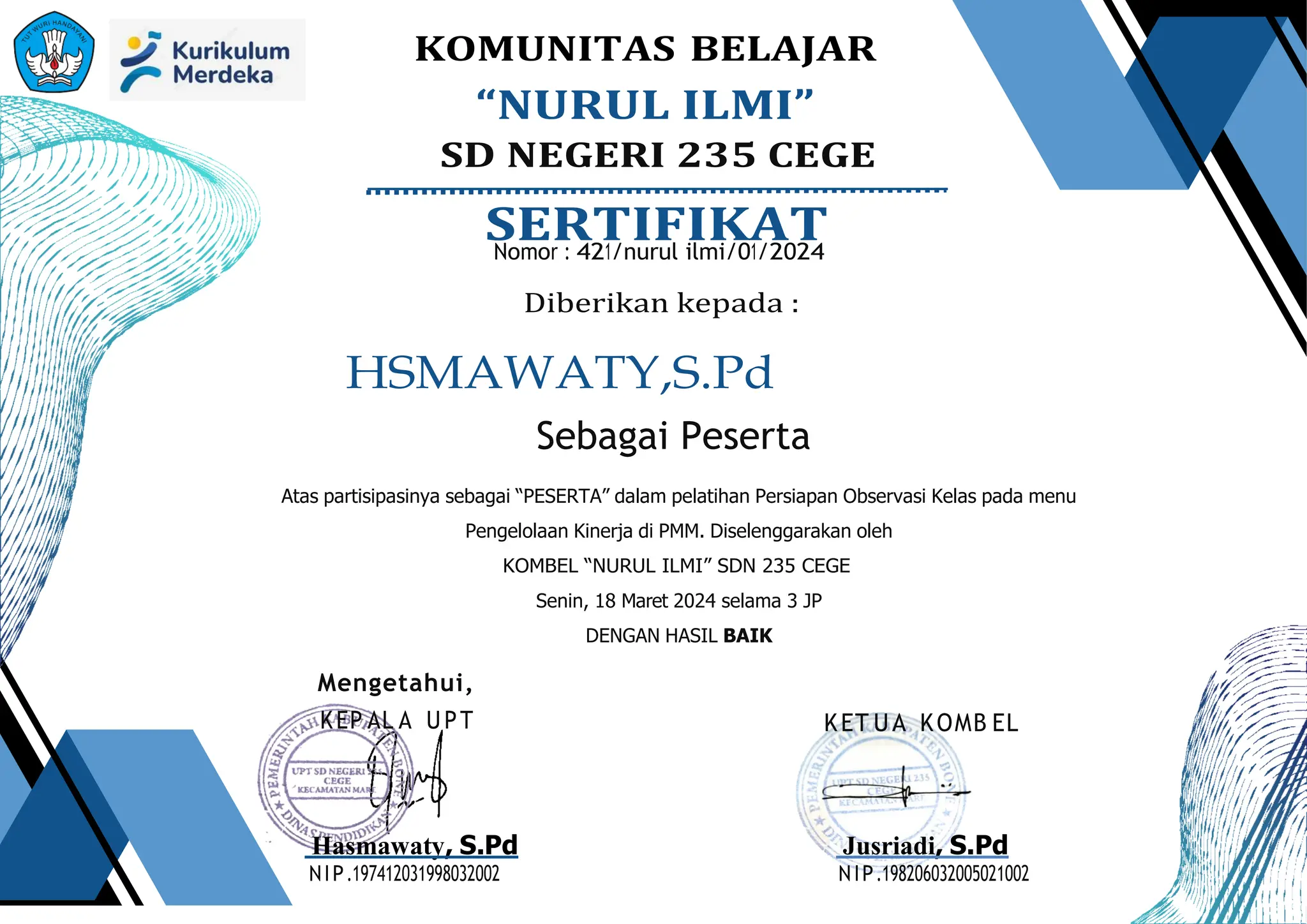 HASMA SERTIFIKAT KOMUNITAS BELAJAR SDN 235 CEGE | PDF