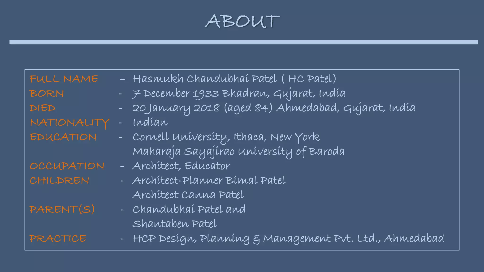 Hasmukh Patel Life Architecture And Works Ppt