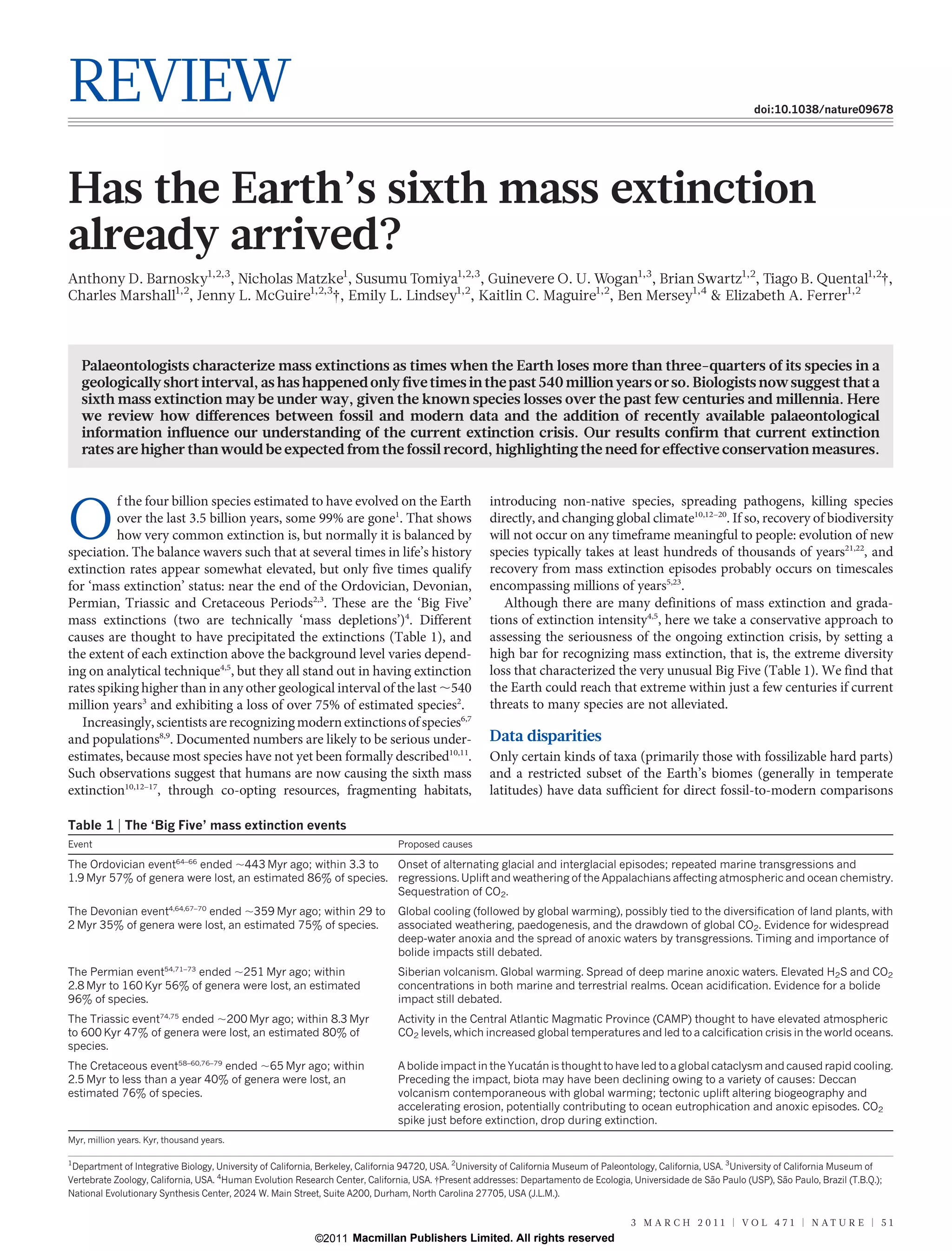Has the earth sixth mass extinction already arrived 2011 barnosky | PDF