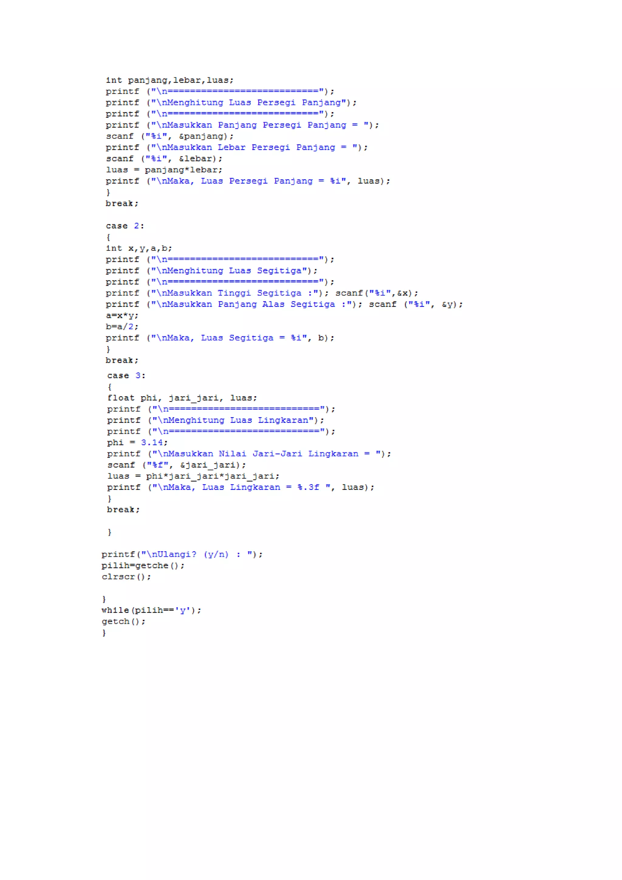Sebuah program untuk menghitung luar persegi panjang, luas segitiga dan luas lingkaran | PDF