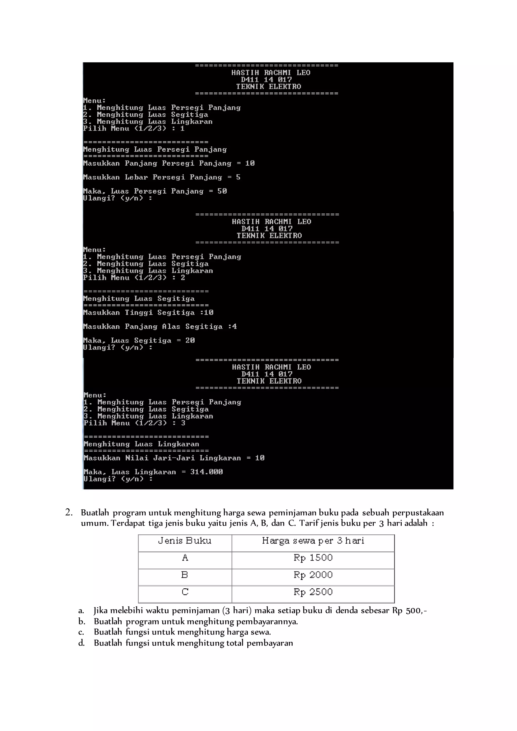 Sebuah program untuk menghitung luar persegi panjang, luas segitiga dan luas lingkaran | PDF