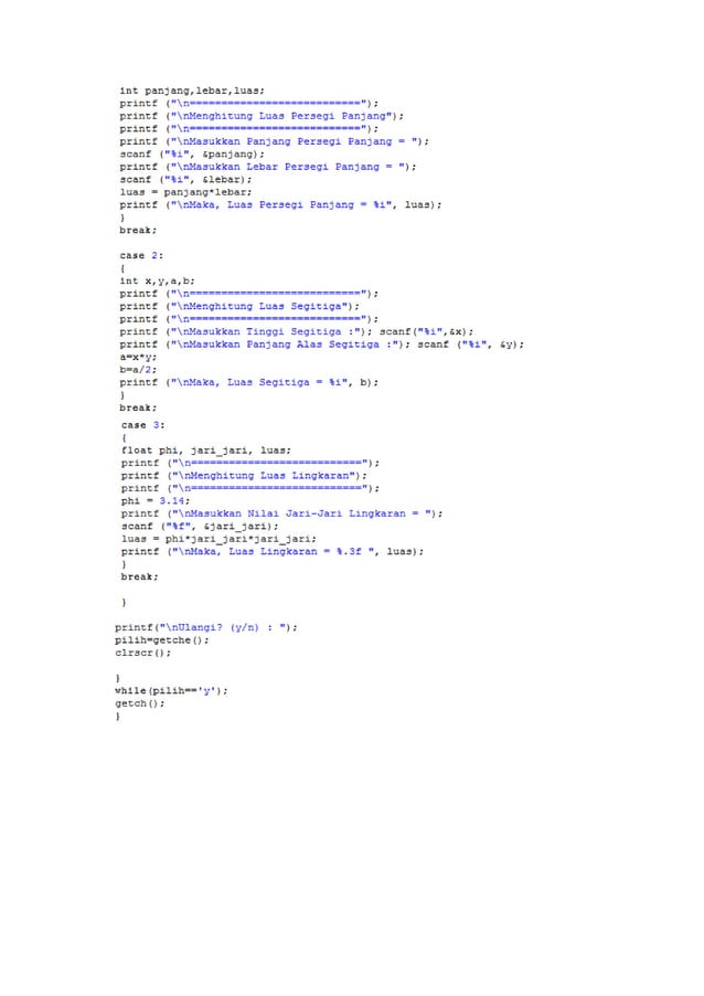 Sebuah program untuk menghitung luar persegi panjang, luas segitiga dan luas lingkaran | PDF
