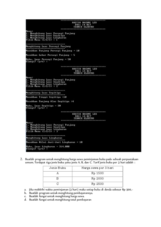 Sebuah program untuk menghitung luar persegi panjang, luas segitiga dan luas lingkaran | PDF