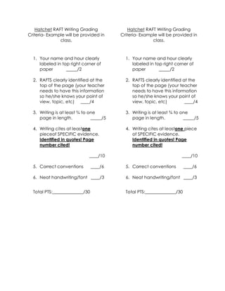 Hatchet raft writing grading criteria | DOCX