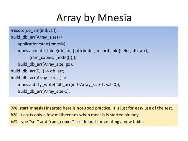 Erlang Exploration - Dict, Maps, Ets, Mnesia - Array Implemetation