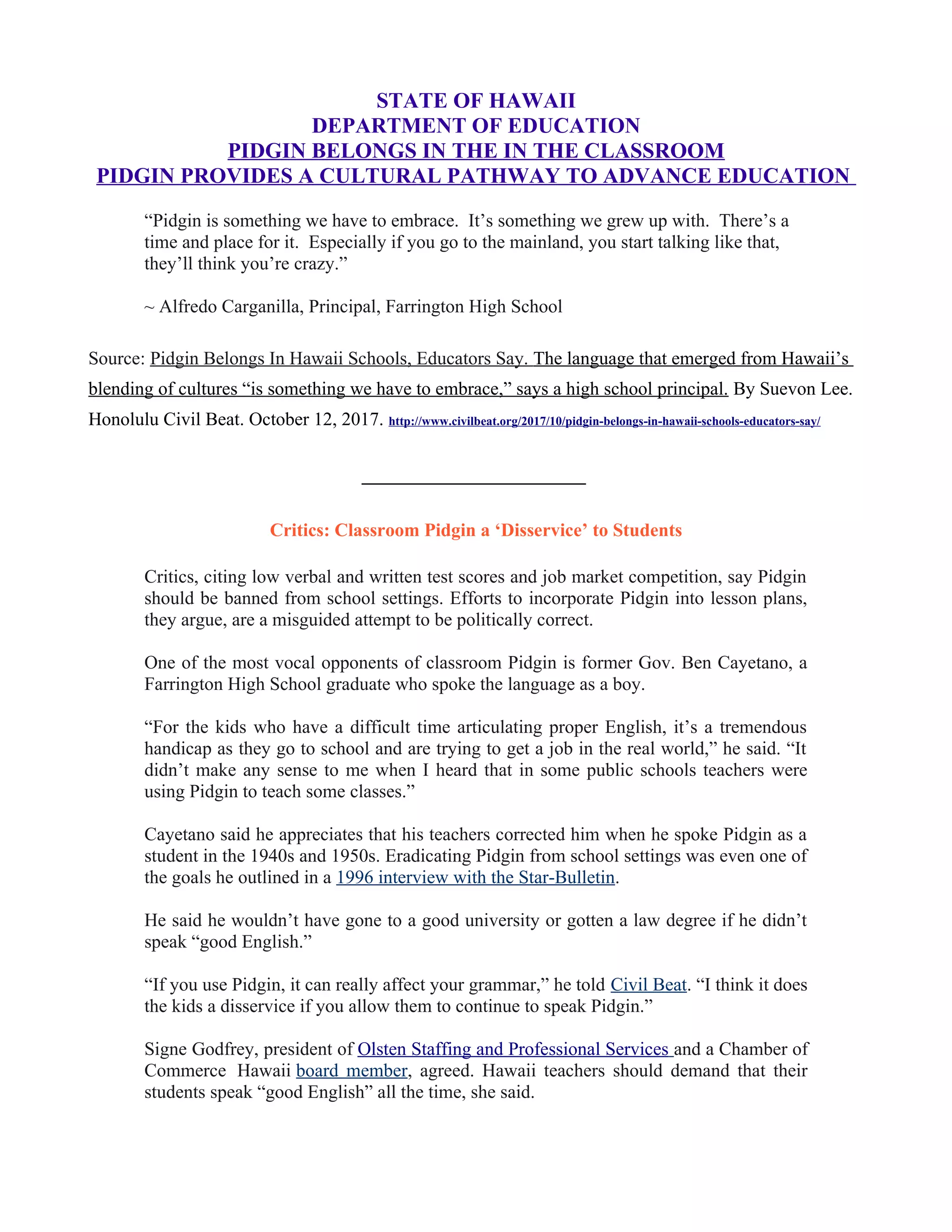 Hawaii - Cultural Pathway to Advance Learning and Education - Pidgen | PDF