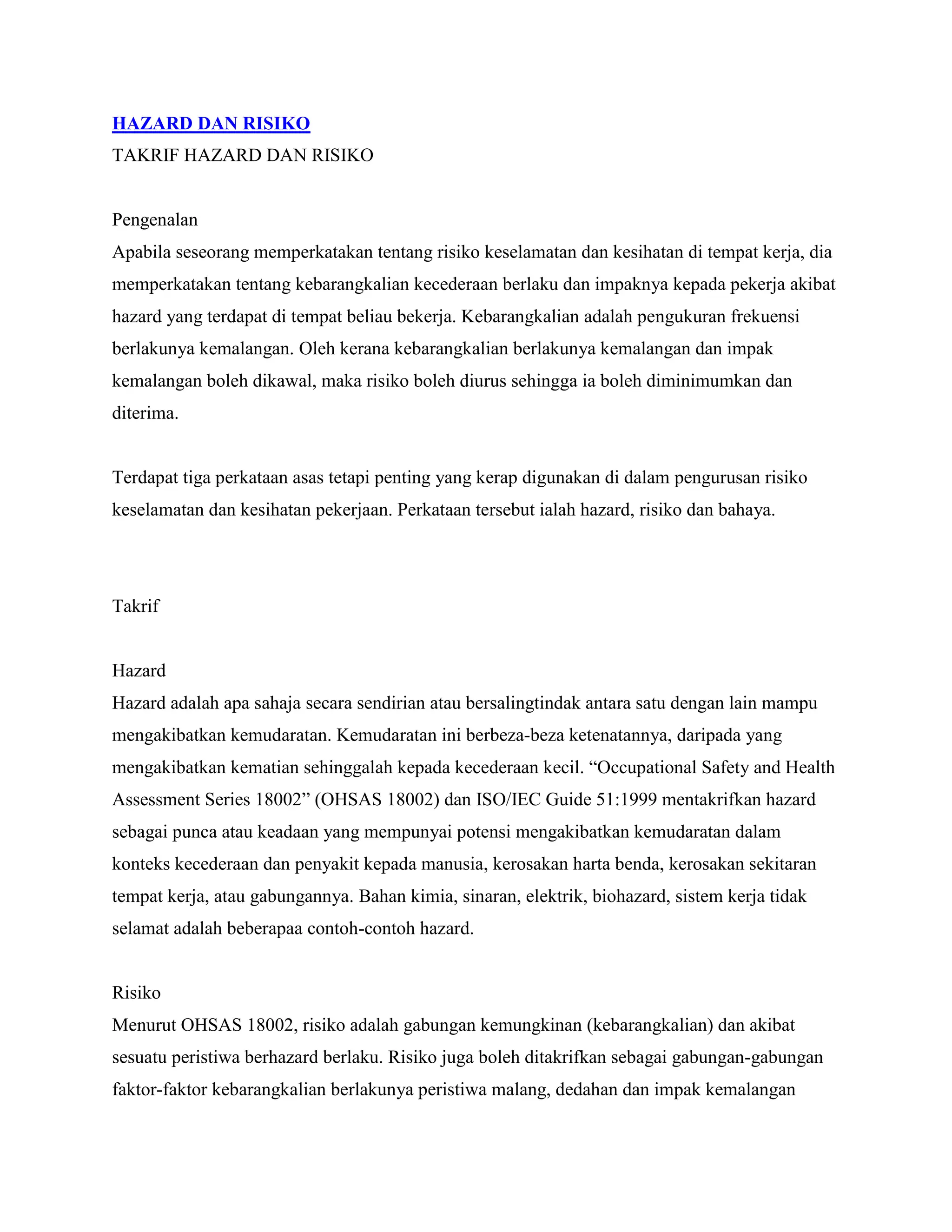 Hazard dan risiko | DOCX