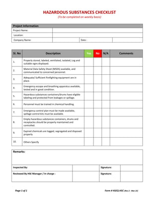 HAZARDOUS SUBSTANCE CHECKLIST Form # HSEQ - HSC Rev 2 -.docx