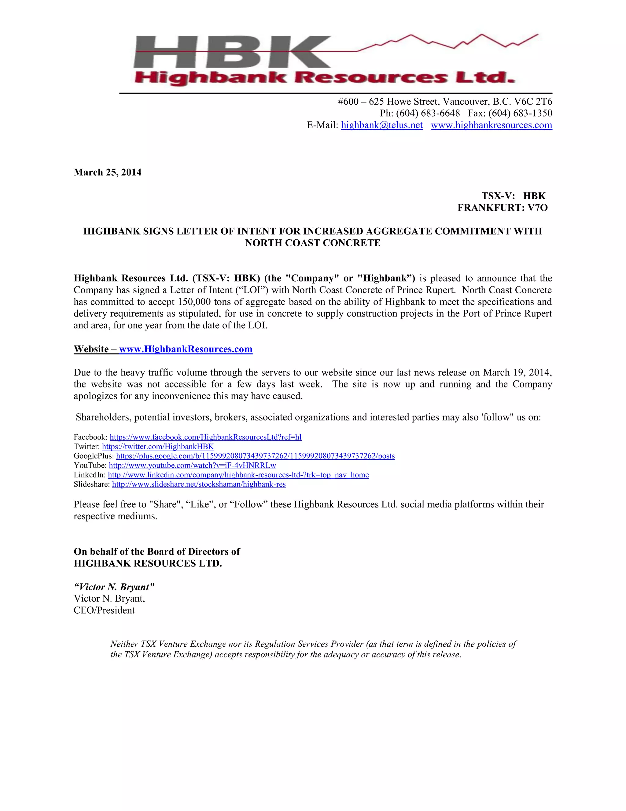 News Release HIGHBANK SIGNS LETTER OF INTENT FOR INCREASED AGGREGATE ...