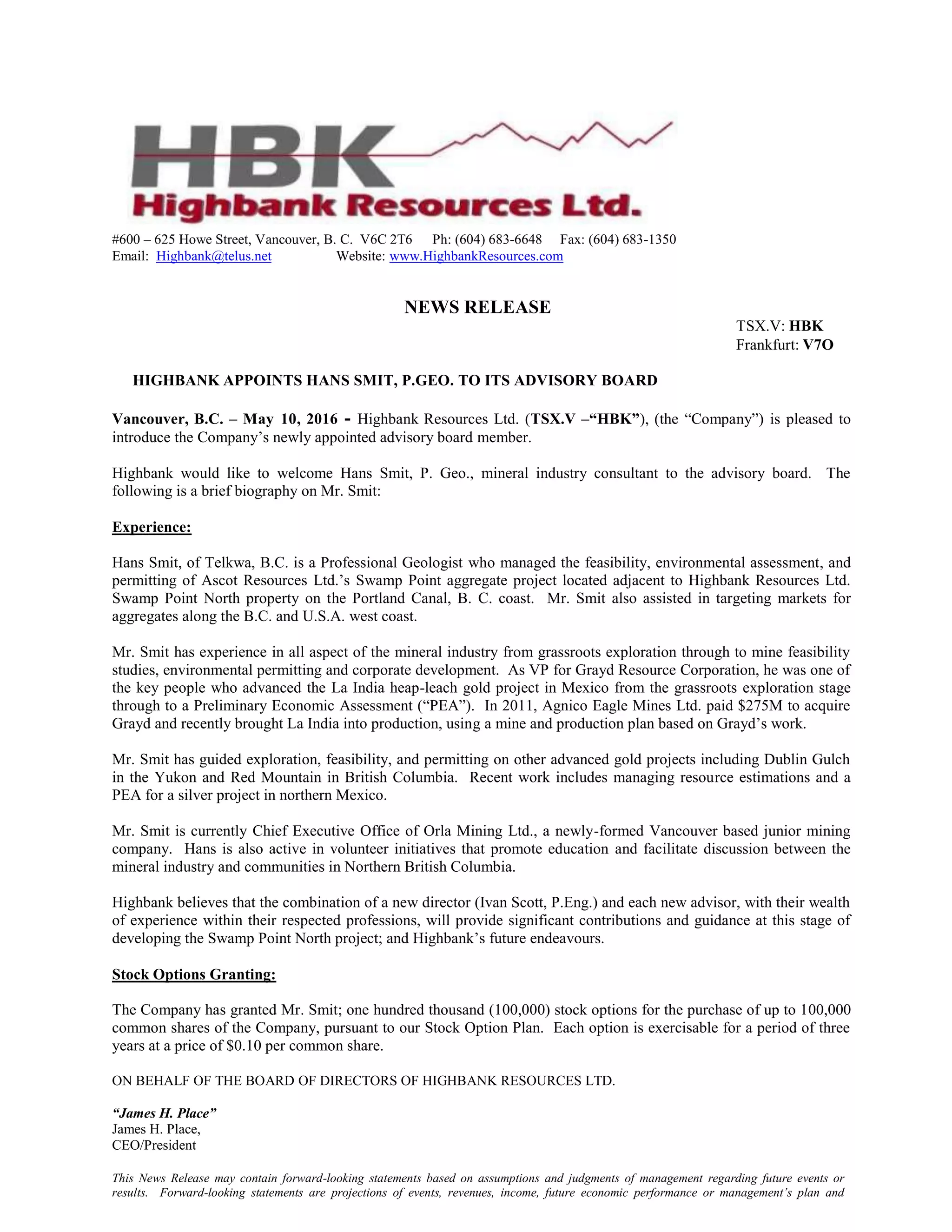 Highbank Appoints Hans Smit, P. Geo. To Its Advisory Board | PDF