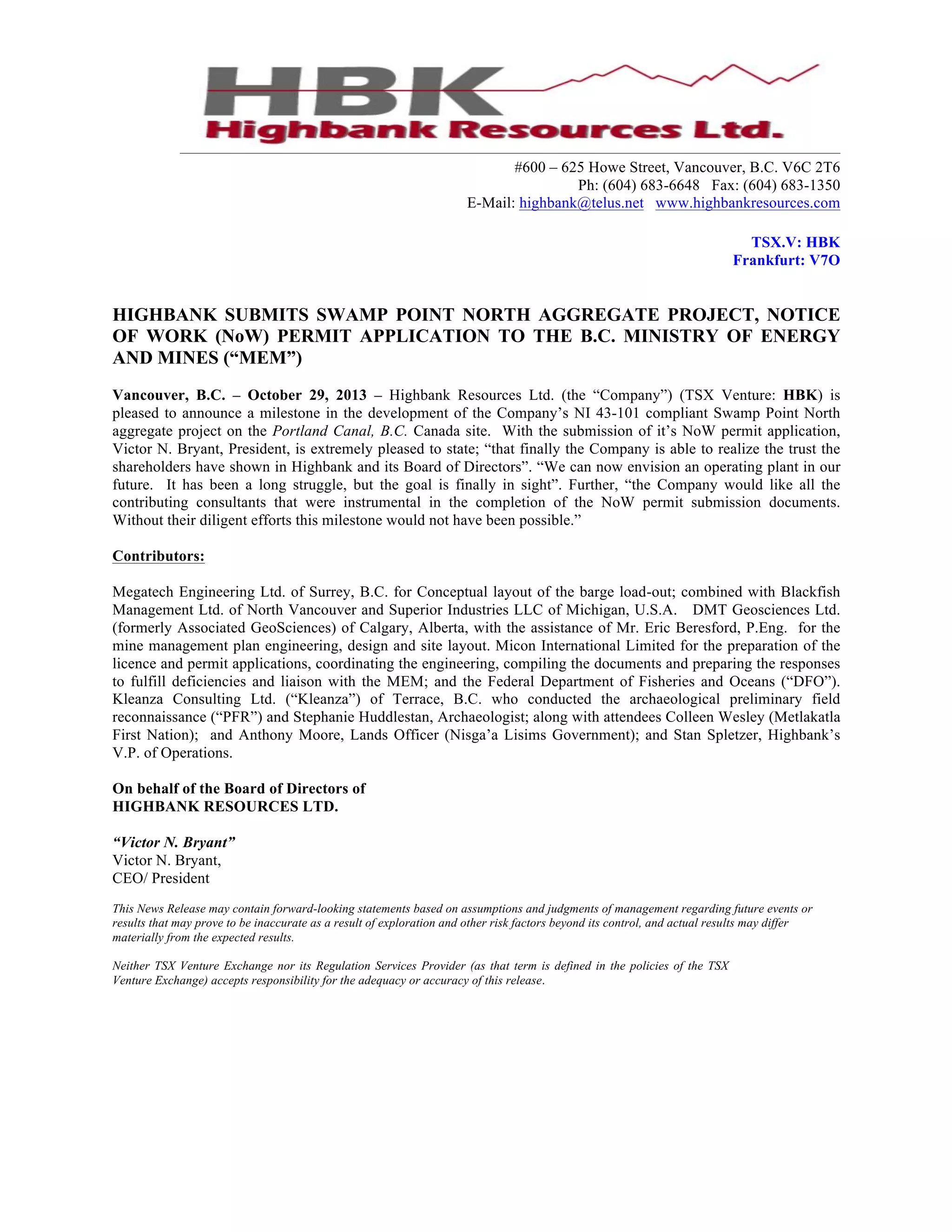 Highbank Resources Ltd.: Highbank Submits Swamp Point North Aggregate ...