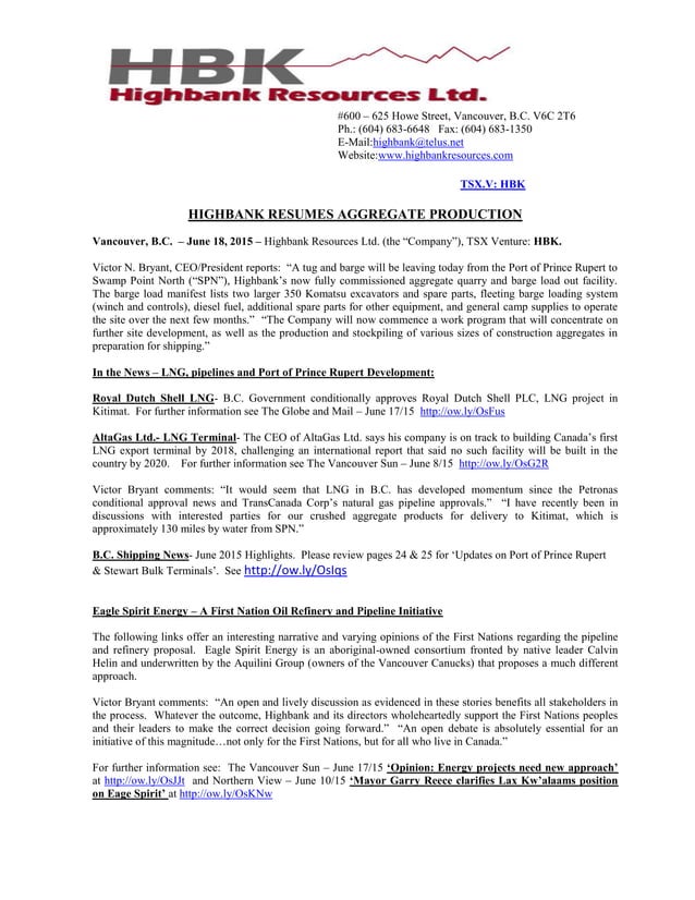 Hbk nr june 19.15 highbank resumes aggregate production | PDF