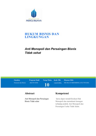 Hbl 10, mei ika, hapzi ali,anti monopoli dan persaingan bisnis tidak sehat, mercu buana | PDF