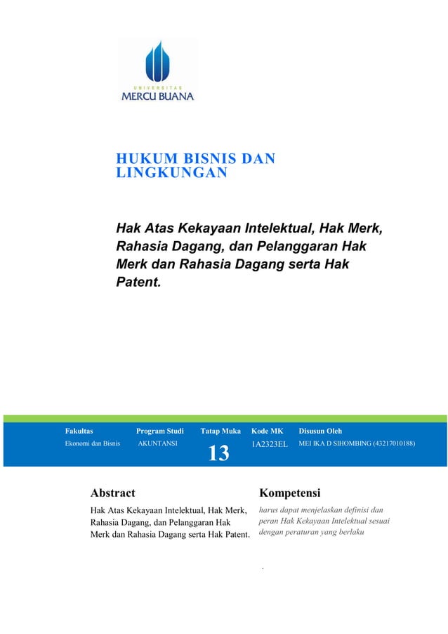 Hbl 13,mei ika, hapzi ali, hak atas kekayaan intelektual, mercubuana | PDF