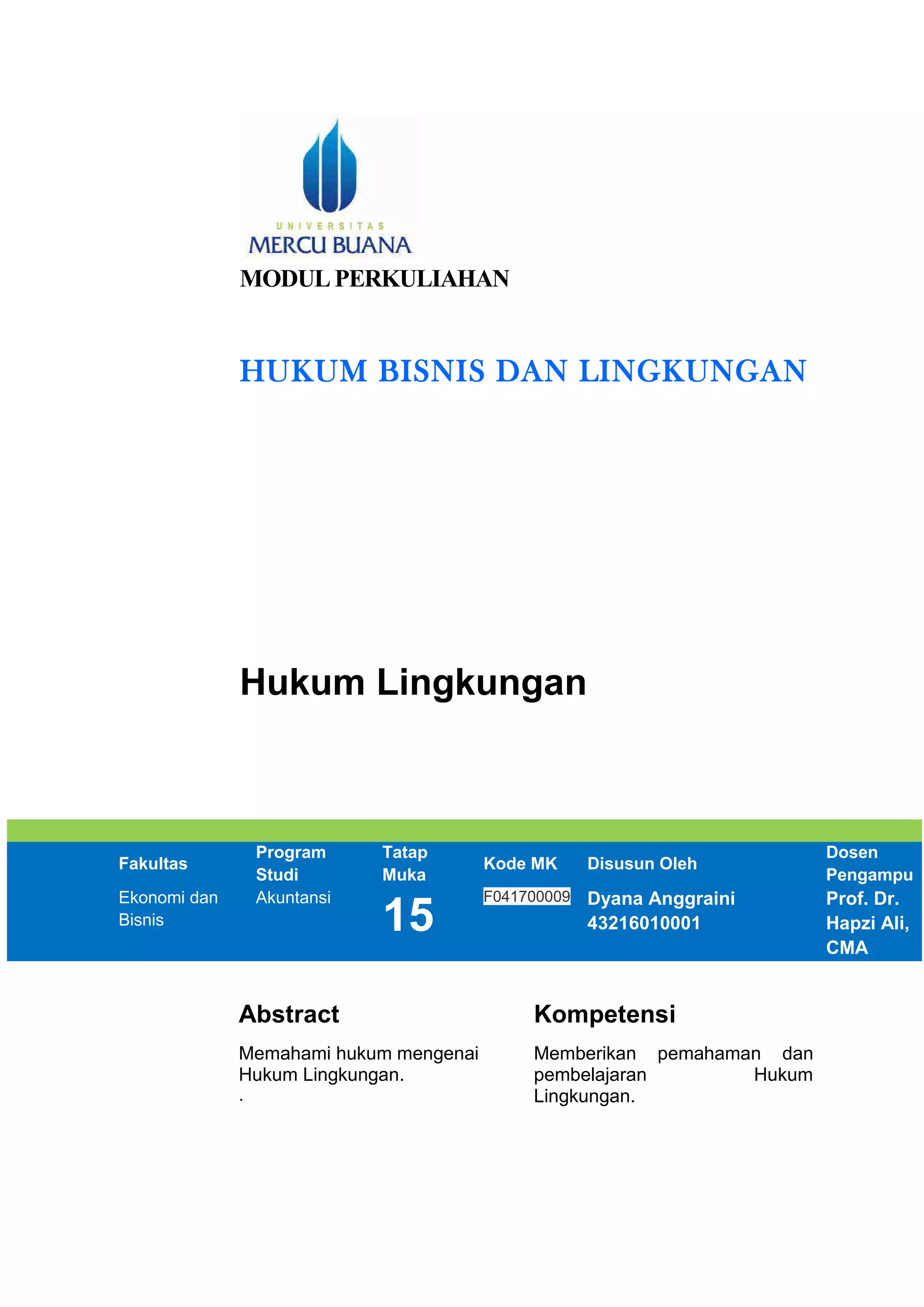 Hbl 15, dyana anggraini, hapzi ali, hukum lingkungan, universitas mercu buana, 2018 | PDF