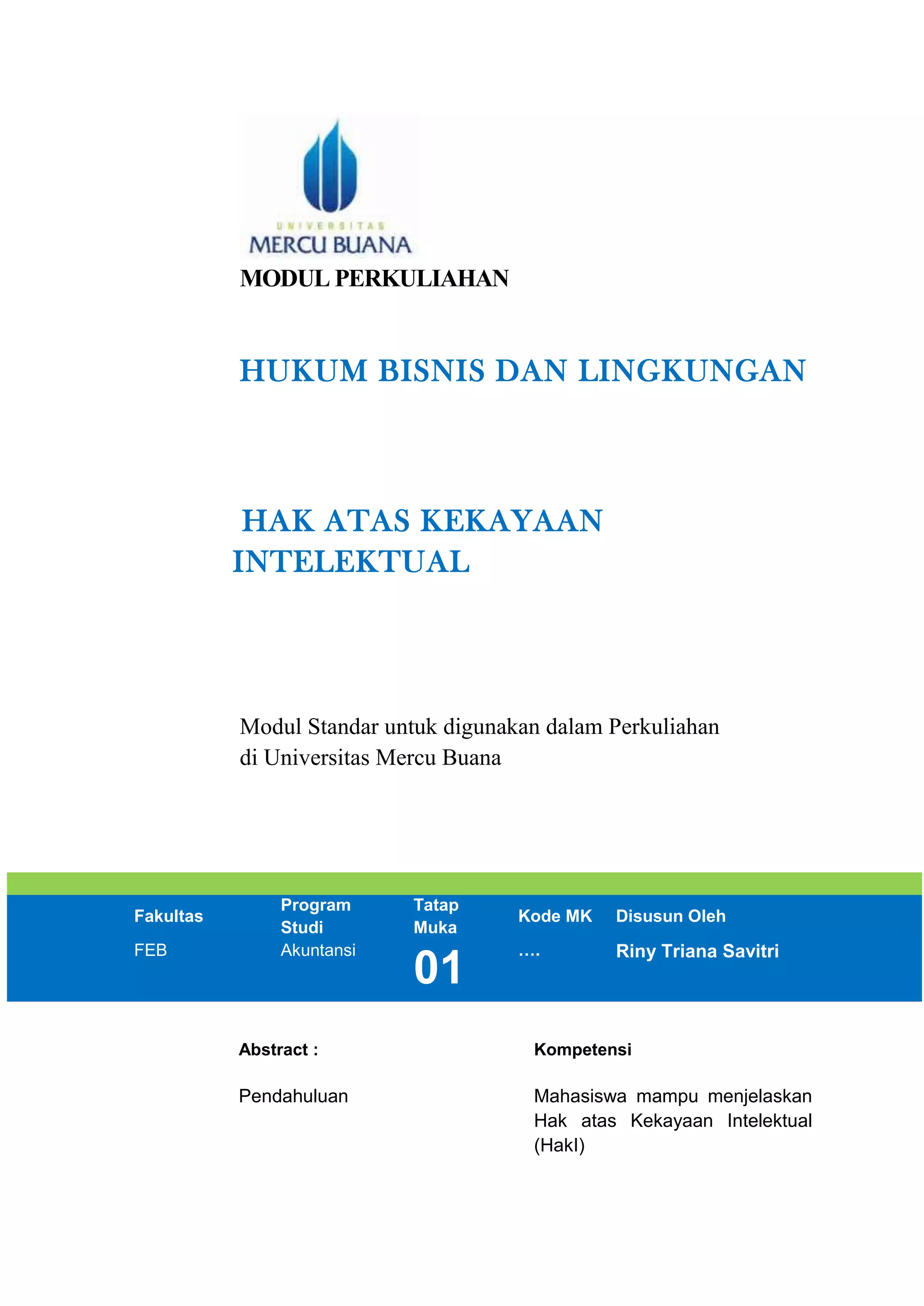 Hbl 1, riny triana savitri, hapzi ali , hak atas kekayaan intelektual, universitas mercu buana ...