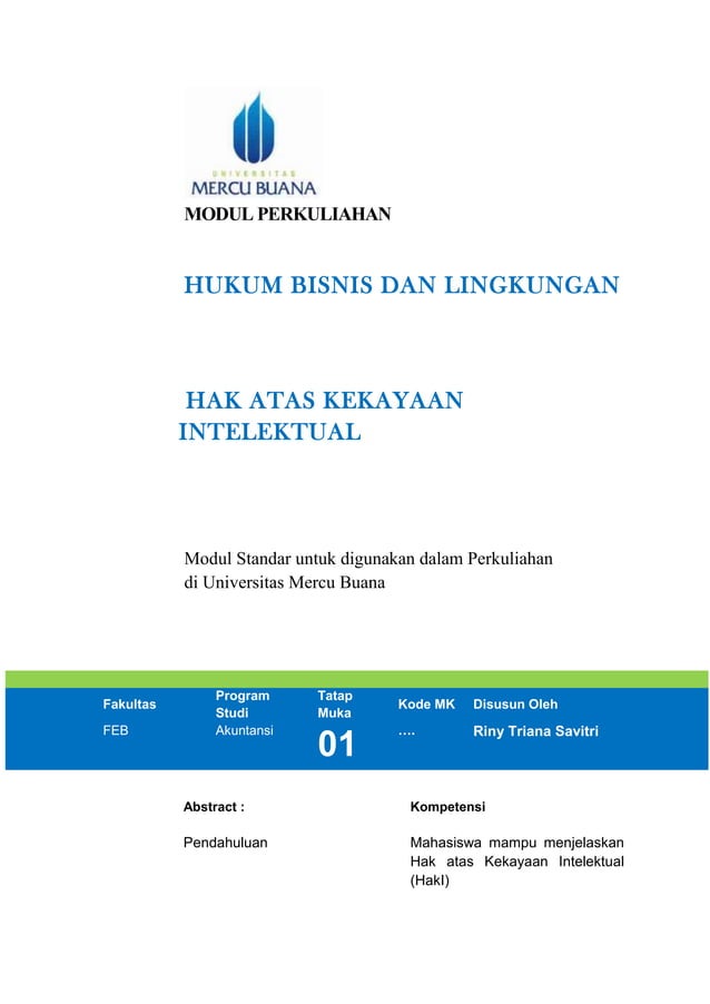 Hbl 1, riny triana savitri, hapzi ali , hak atas kekayaan intelektual, universitas mercu buana ...