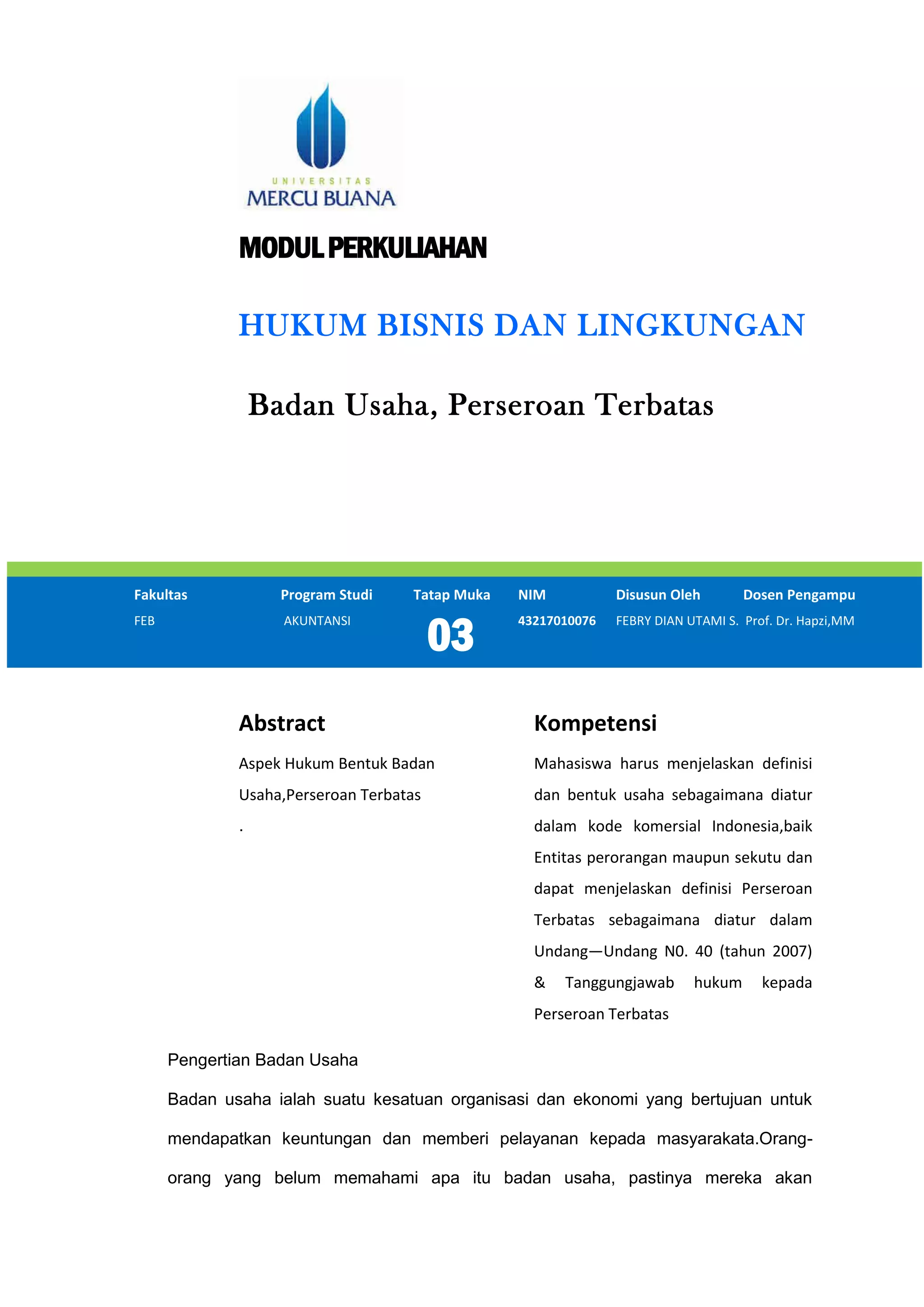 HBL,FEBRY DIAN UTAMI SARAGIH,HAPZI ALI,UNIVERSITAS MERCU BUANA,2018 | PDF
