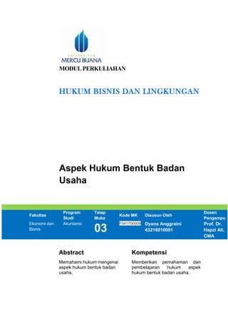 Hbl 3, dyana anggraini, hapzi ali, aspek hukum bentuk badan usaha, universitas mercu buana, 2018 ...