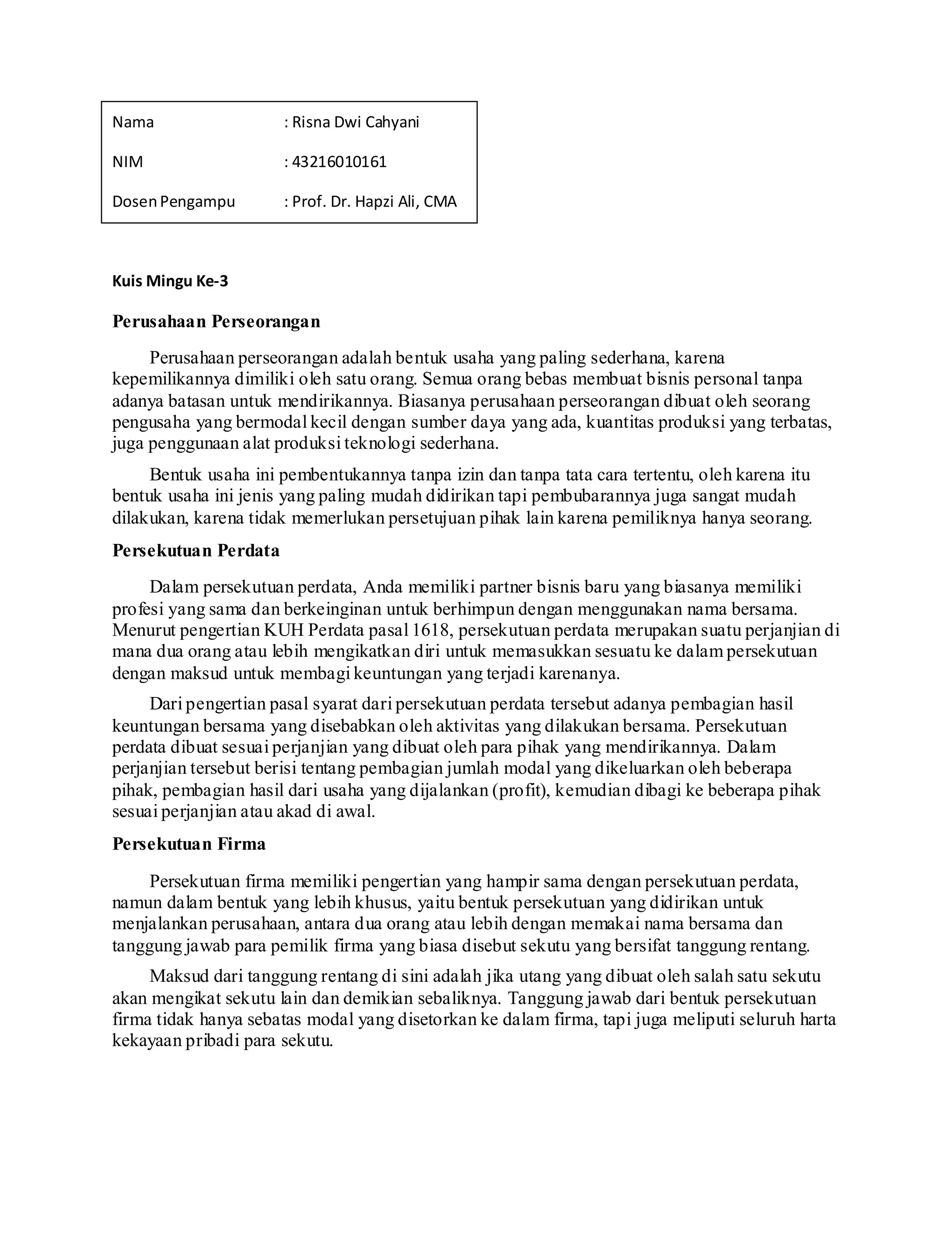 Hbl 3, risna dwi cahyani, hapzi ali, bentuk badan hukum dan perseroan terbatas, universitas ...