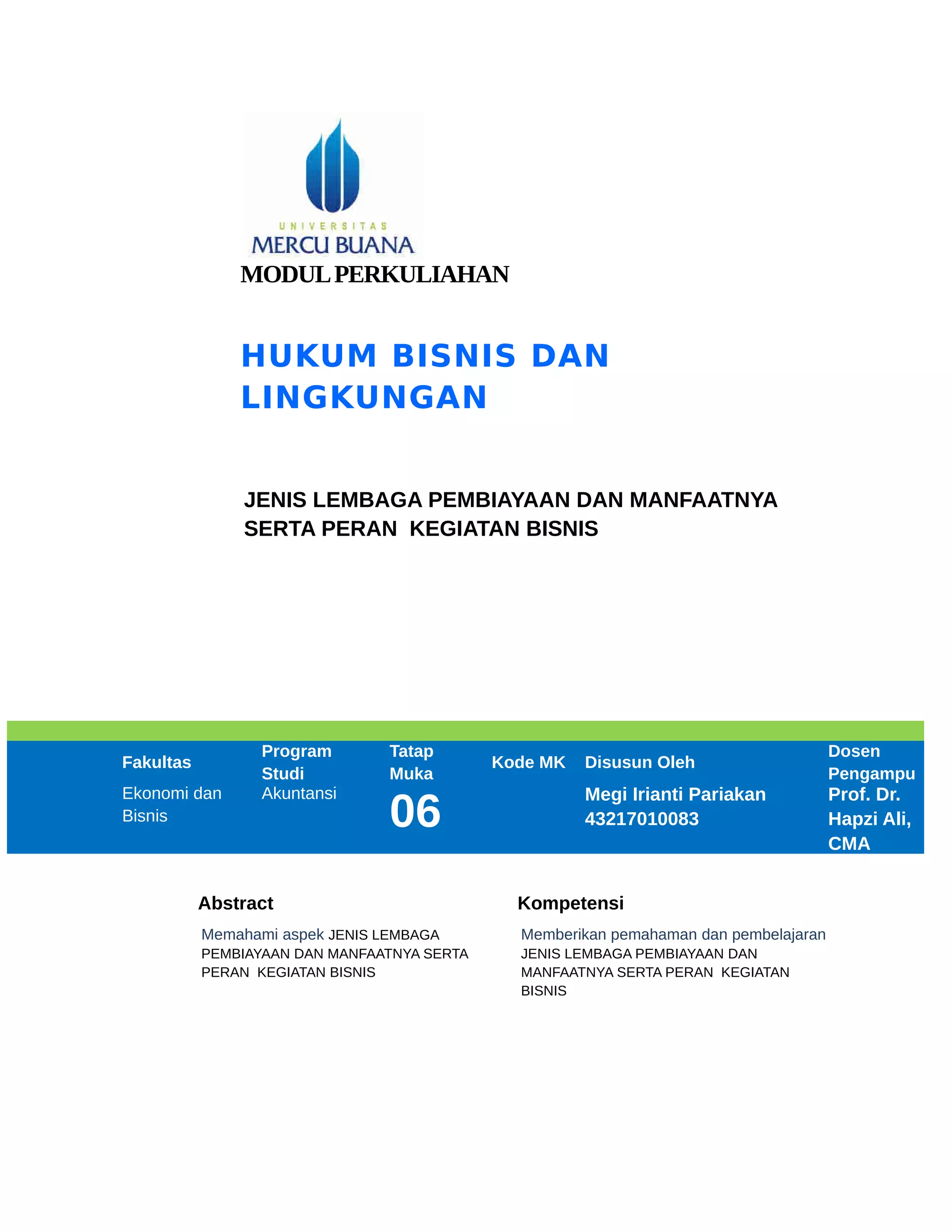 Hbl, megi irianti pariakan, hapzi ali,jenis lembaga pembiayaan dan manfaatnya serta peran ...