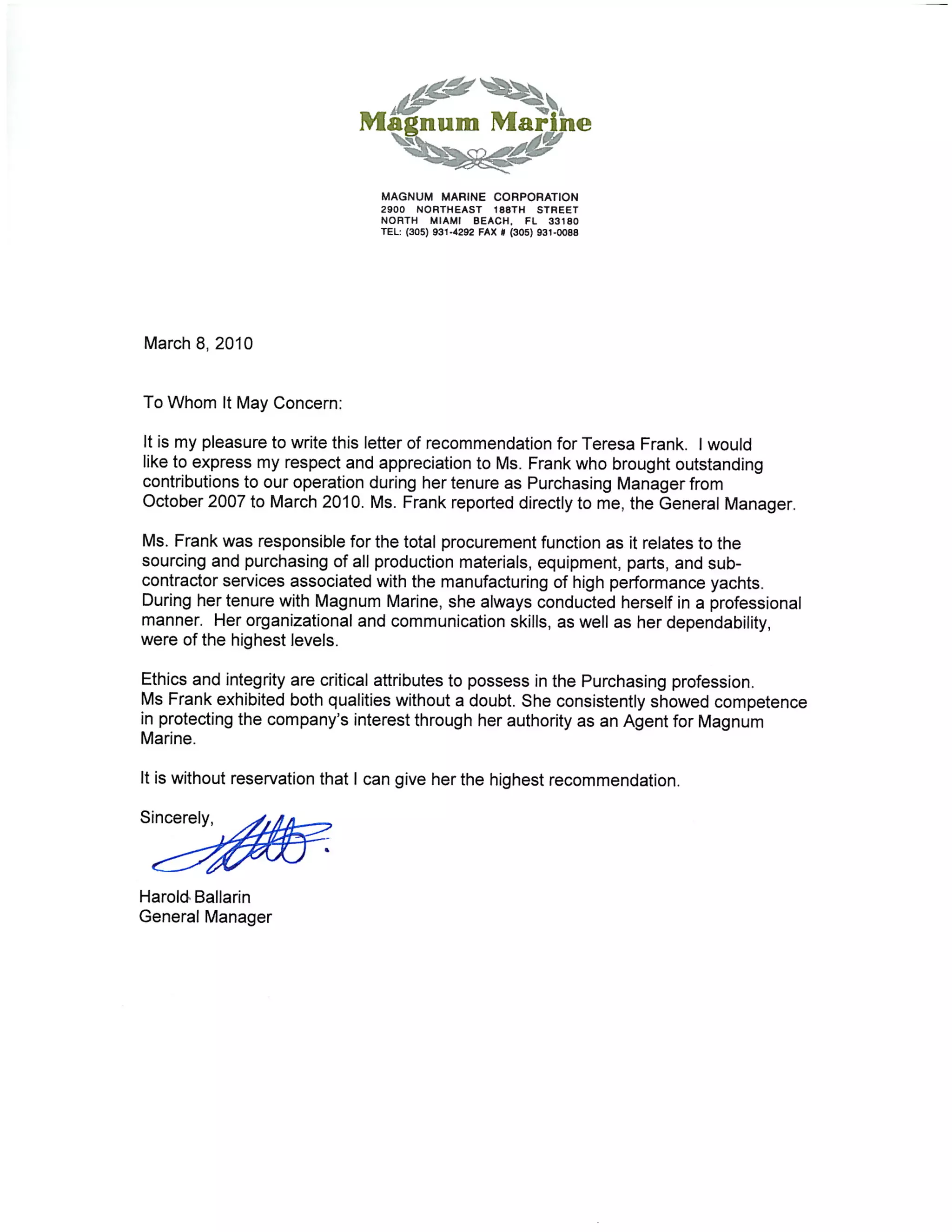 Letter of Recommendation - Magnum Marine Corporation | PDF