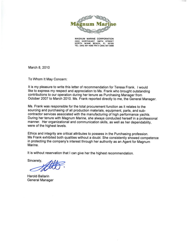 Letter of Recommendation - Magnum Marine Corporation | PDF