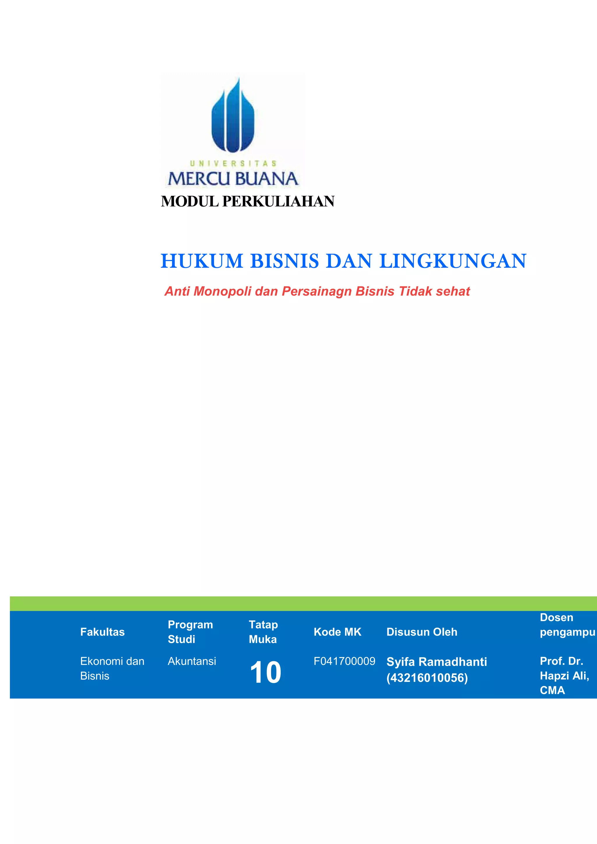Hbl, syifa ramadhanti, hapzi ali, anti monopoli dan persaingan bisnis tidak sehat, universitas ...