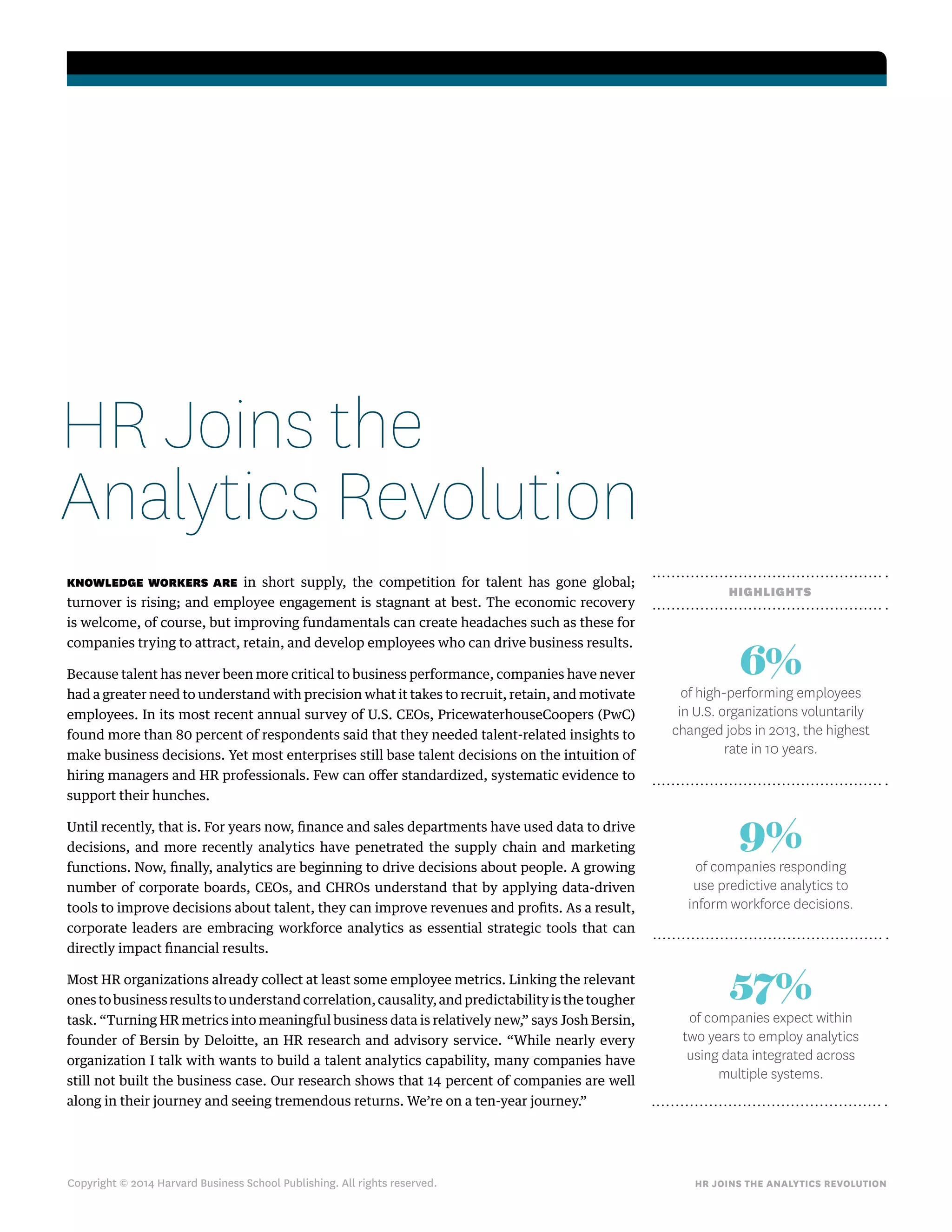 HBR - HR Joins The Analytics Revolution | PDF