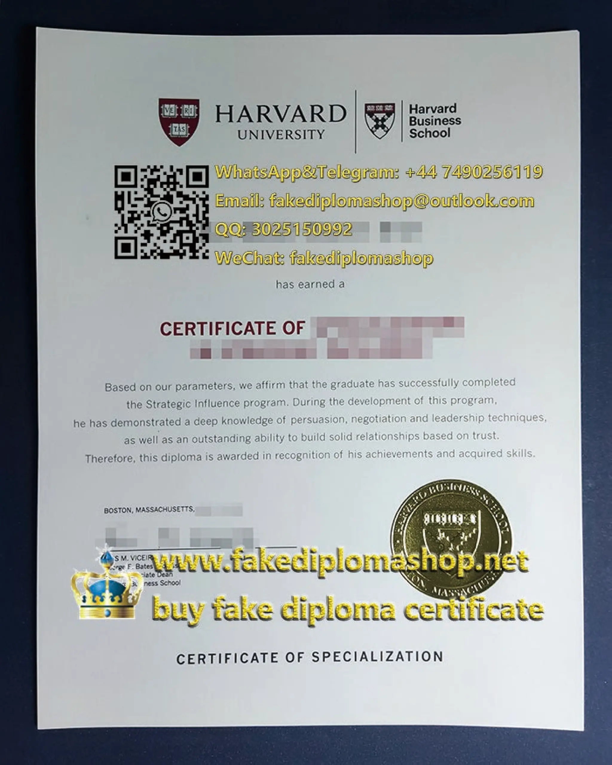 HBS diploma, Harvard Business School diploma, Harvard University fake ...