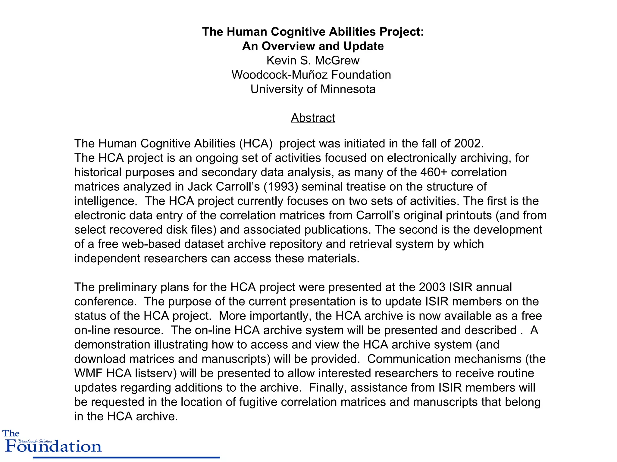 WMF Human Cognitive Abilities Project Overview and Update | PPT